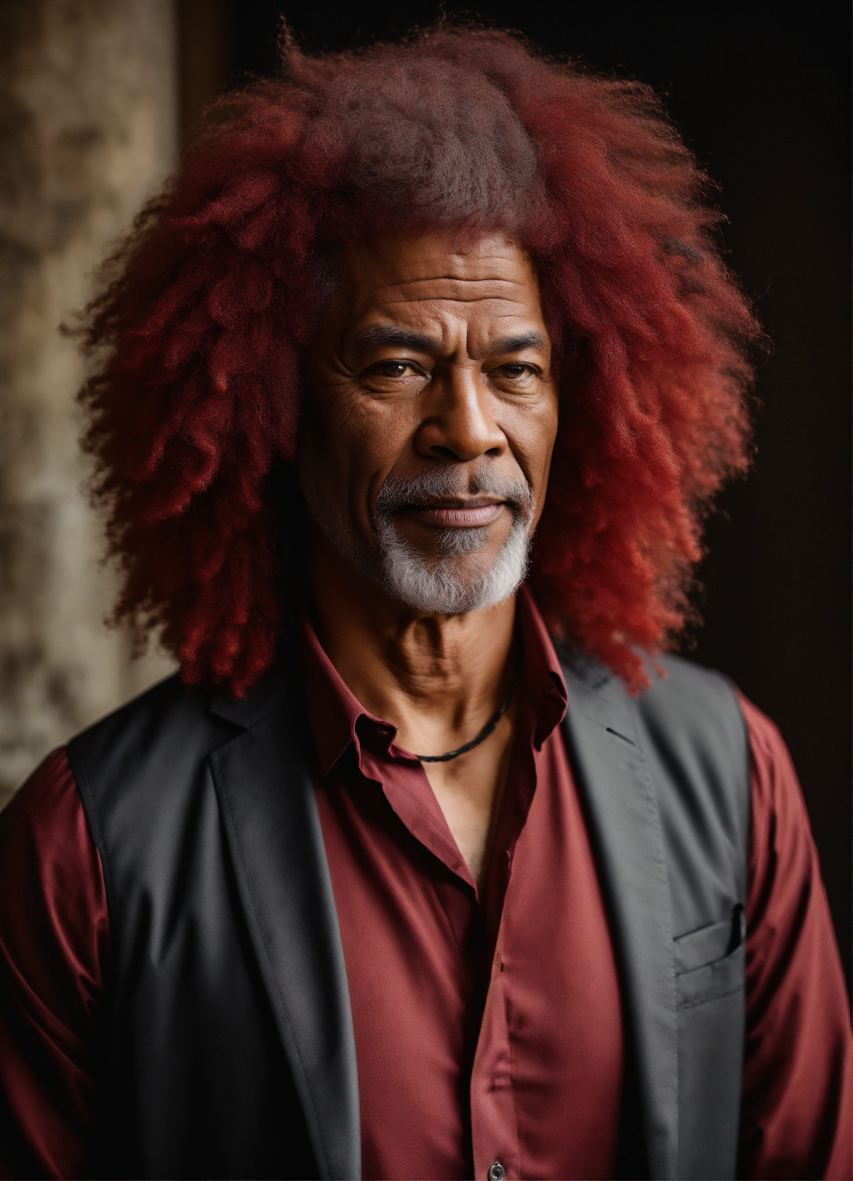 Lexica - Red skinned older man with long burgundy Afro. Broad nose ...