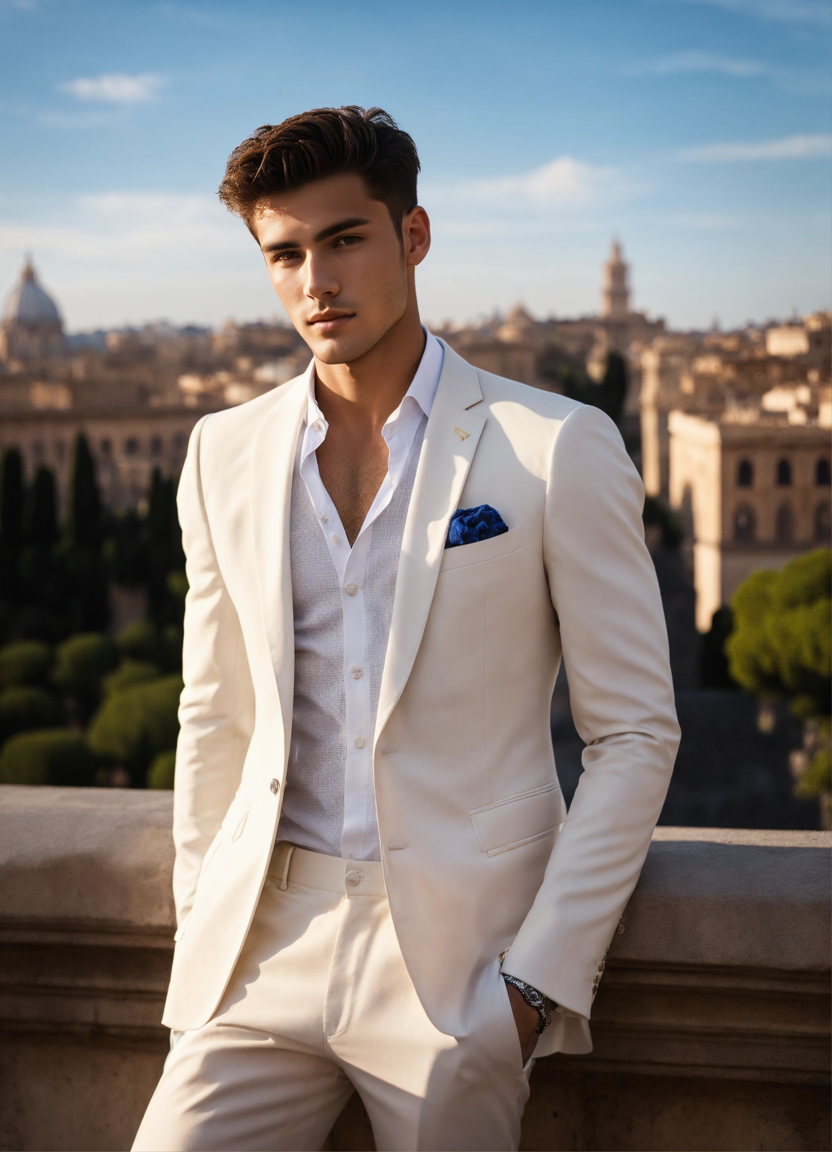 Lexica - Photo of one young male model in whiteclothes looking to the ...