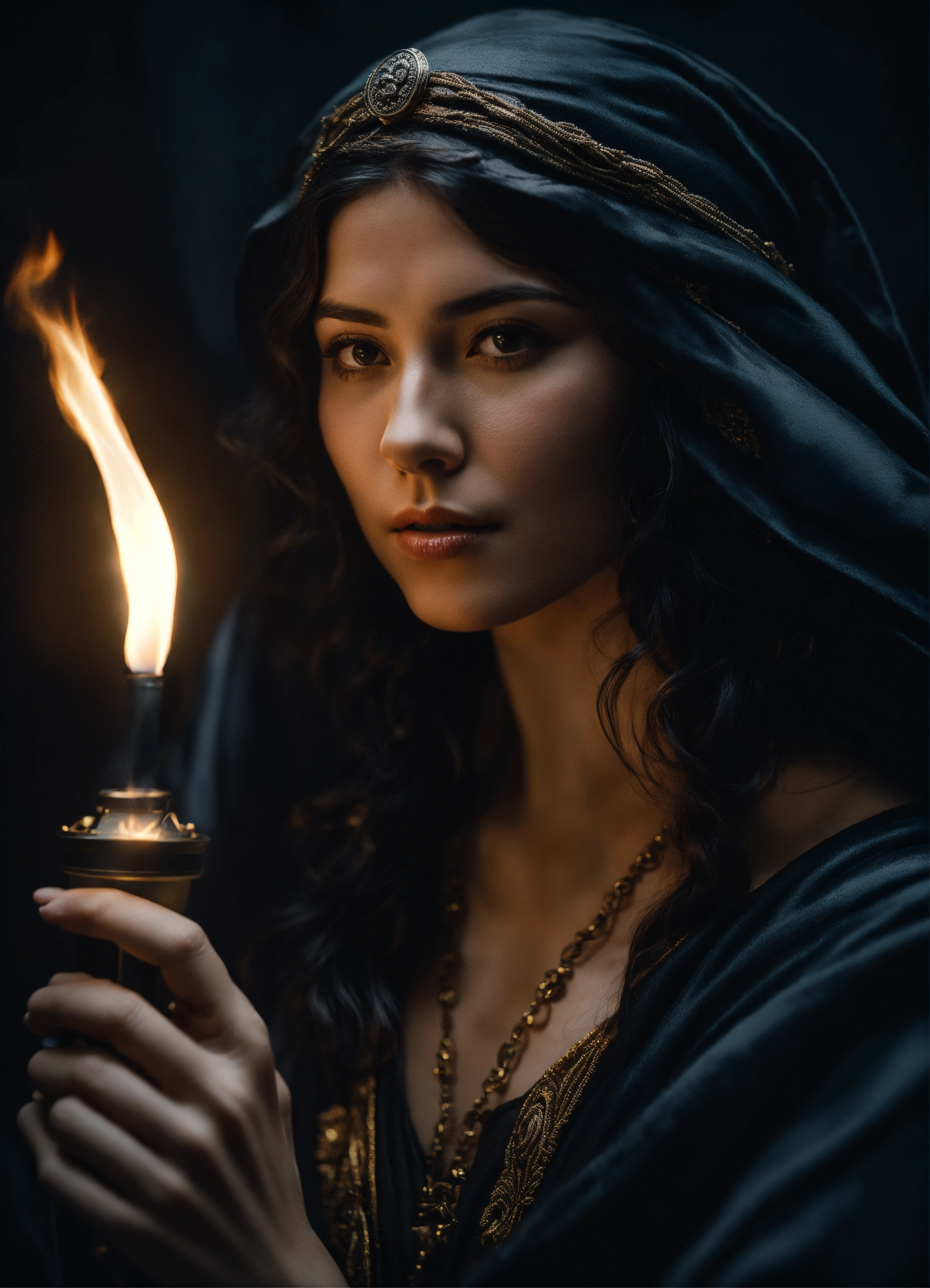 Lexica - Greek goddess Hecate holding a torch, black hair, flowing ...