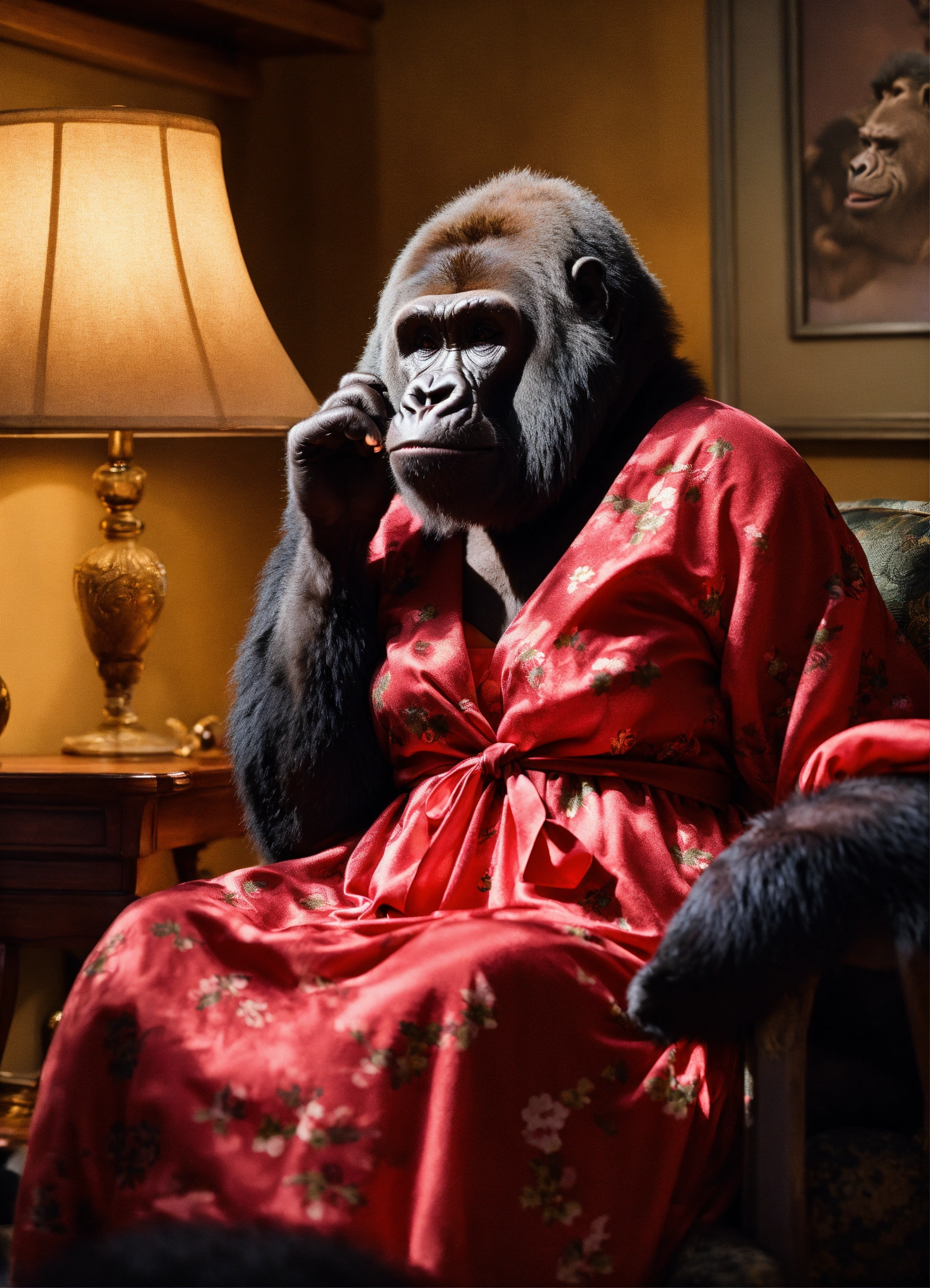 Lexica - Old lady gorilla wearing a night gown in a living room talking ...