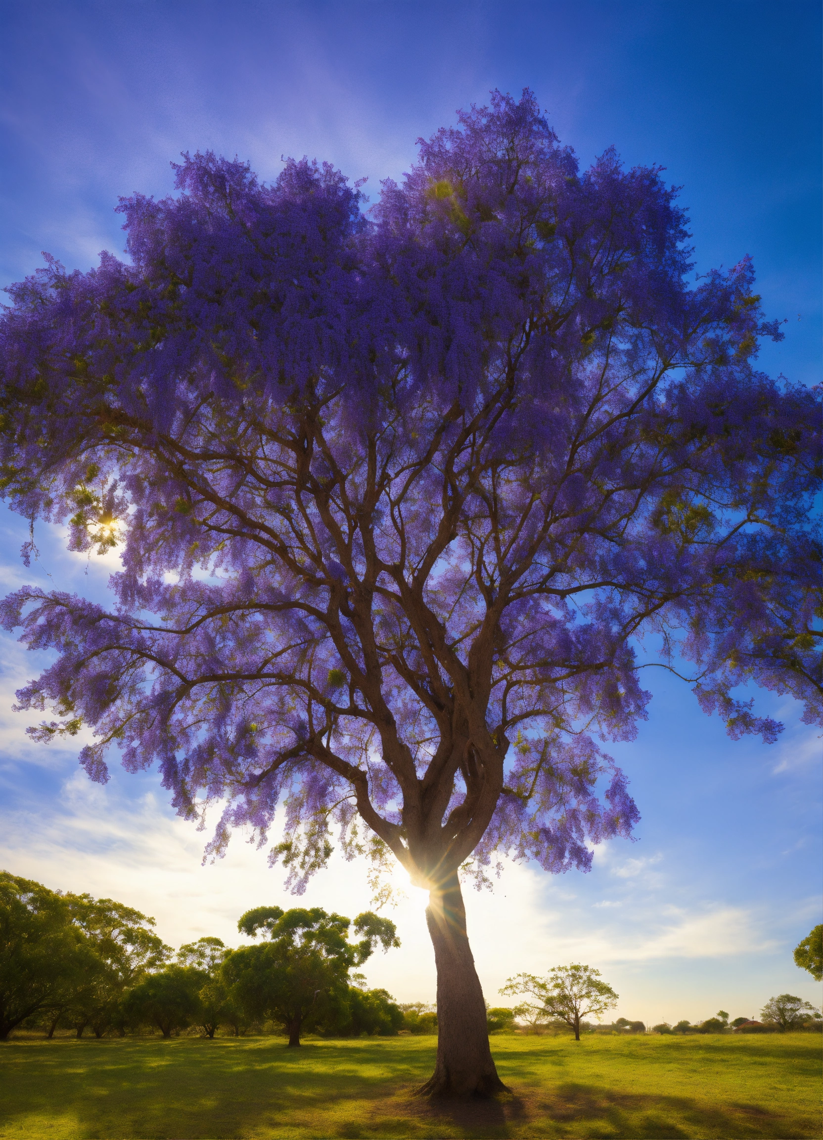 Lexica - Jacaranda, blue sky, trees and sun shining in the background ...
