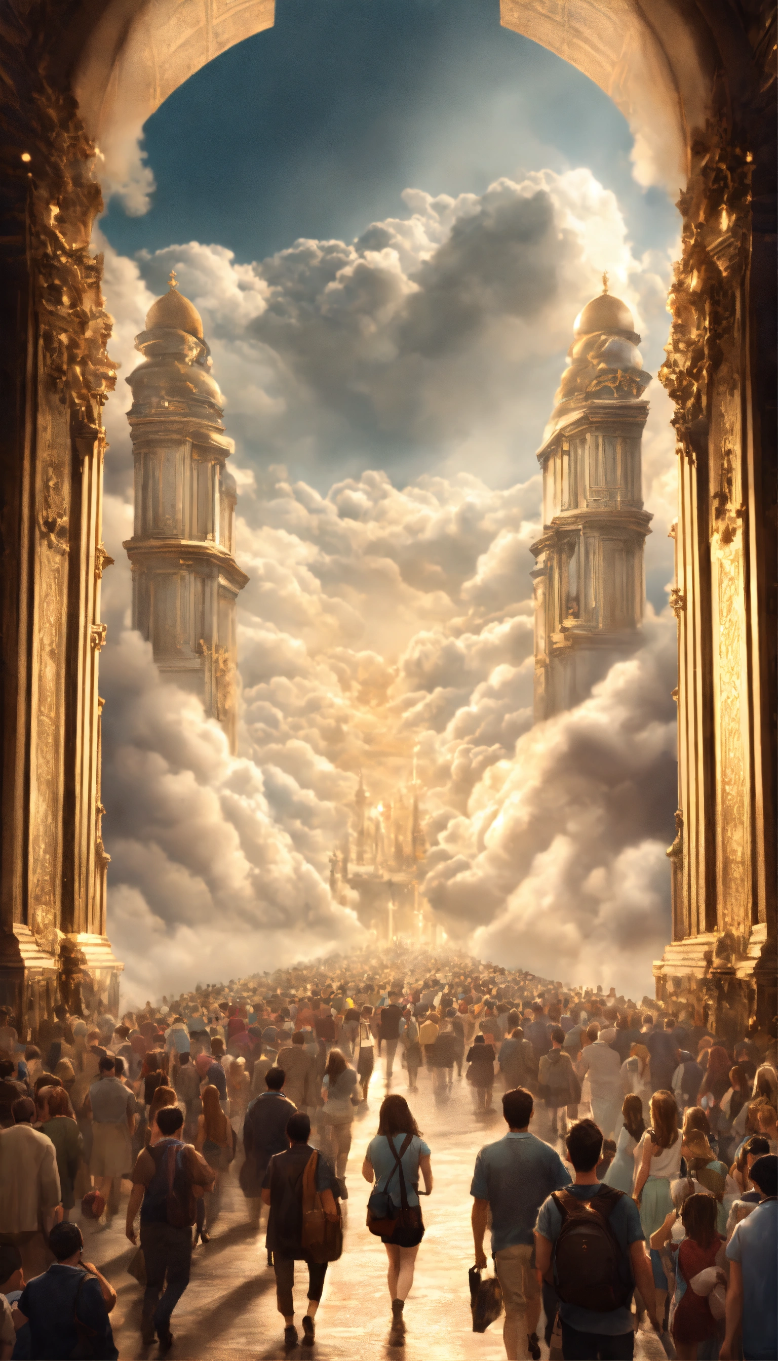 Lexica - A large crowd walking through clouds towards the gates of ...