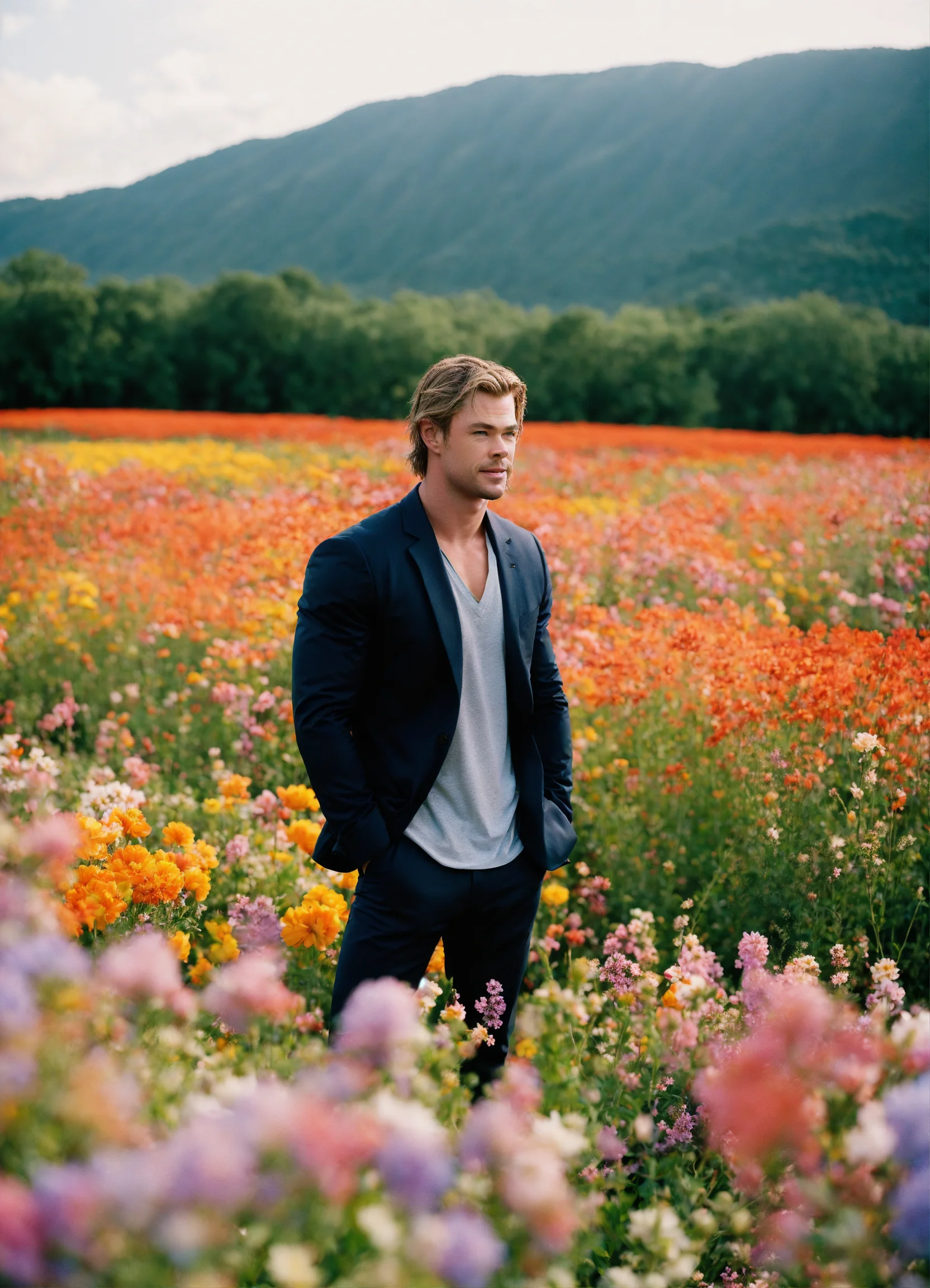 Lexica - Happy Chris Hemsworth standing in a beautiful field of flowers ...