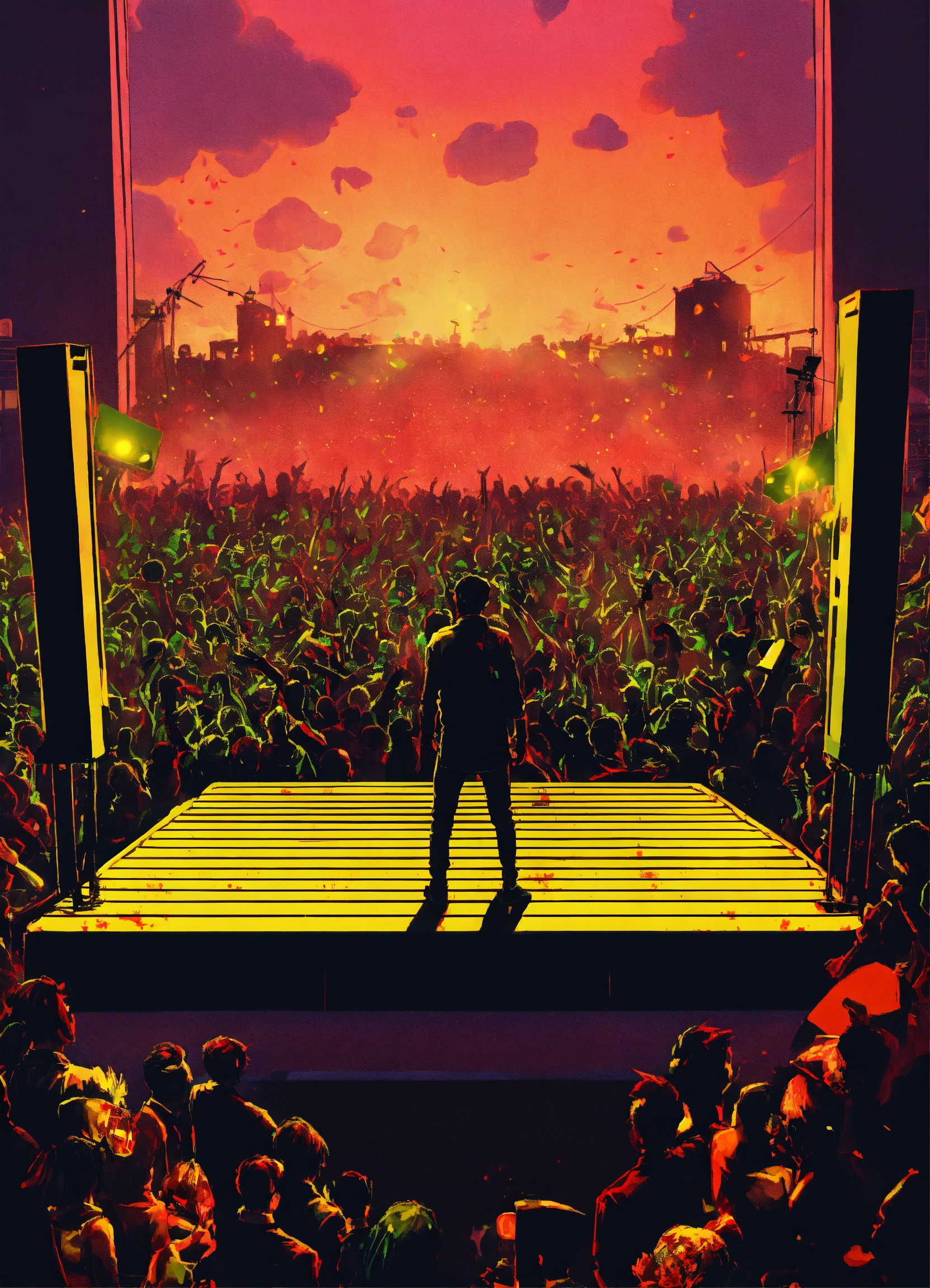 Lexica - A DJ on an elevated stage looking out over a crowded Rave ...