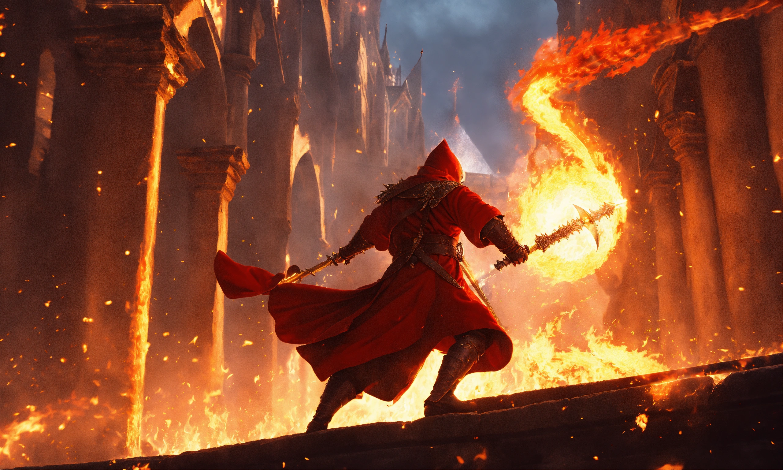 Lexica - Red robes sorcerer casting fire magic in an arc, flame ...