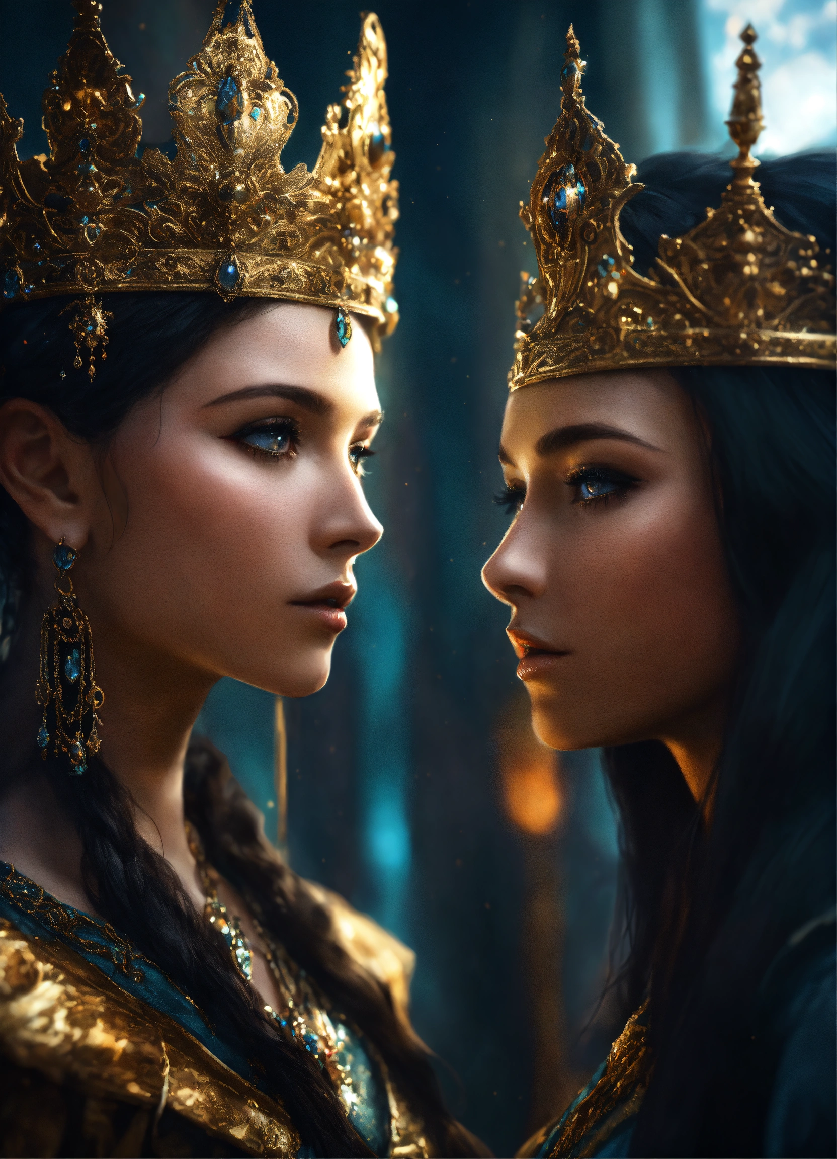 Lexica - Two beautiful queens of darkness looking at a beautiful king, mystic, dark fantasy ...
