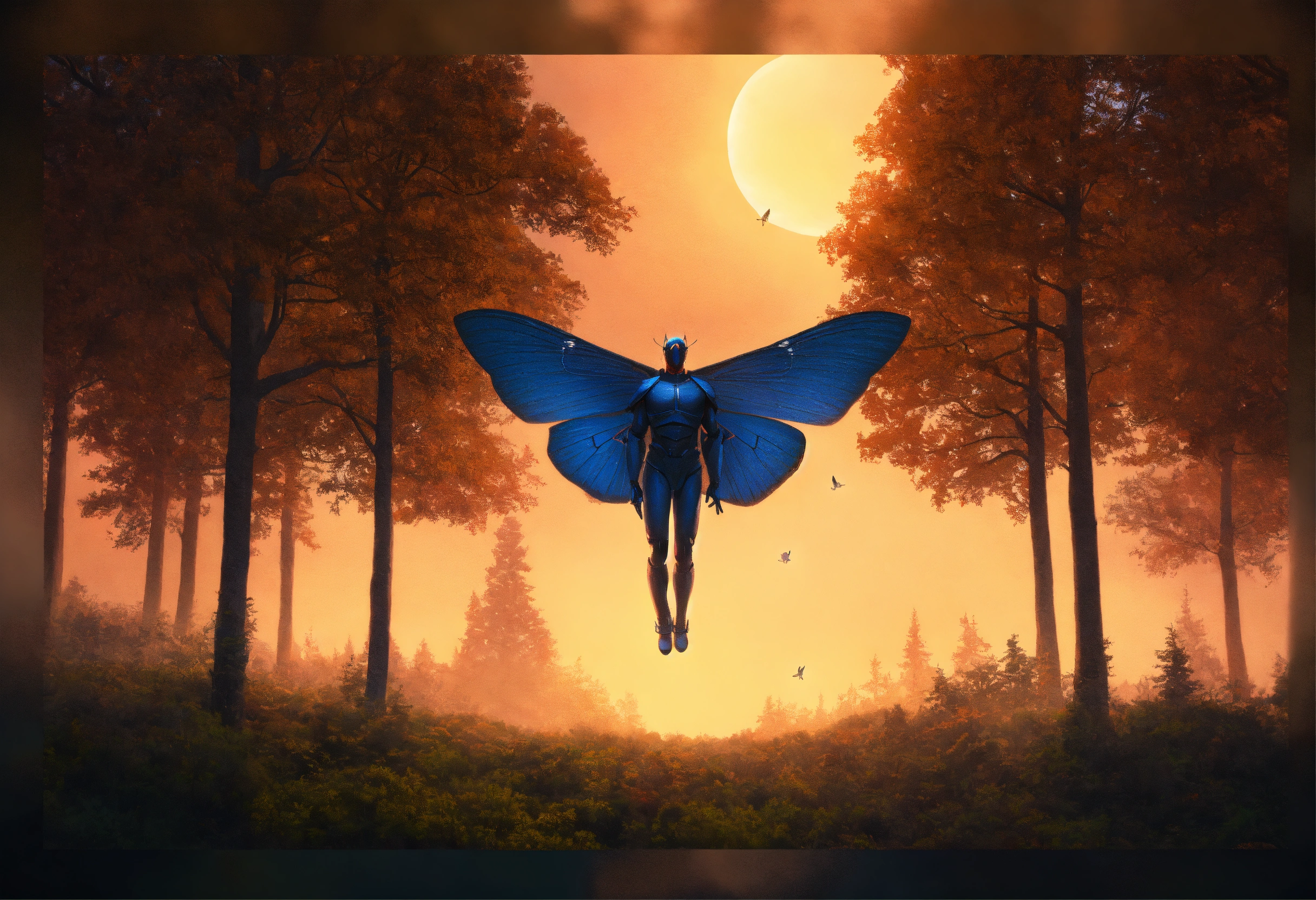 Lexica - Photorealistic humanoid moth-man flying over trees as dusk sets in