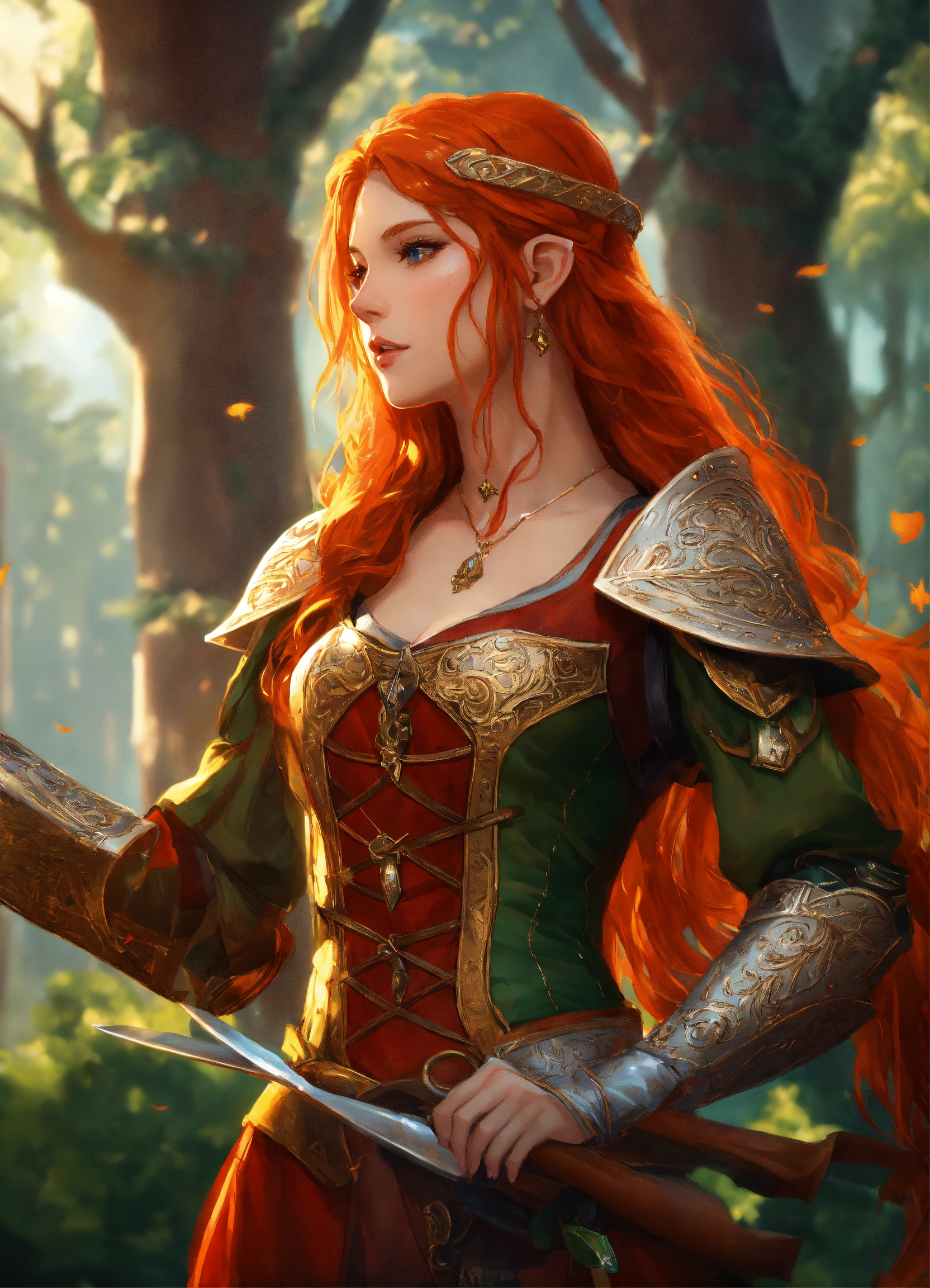 Lexica - Beautiful bard female elf, long red hair, royal, leather armor ...