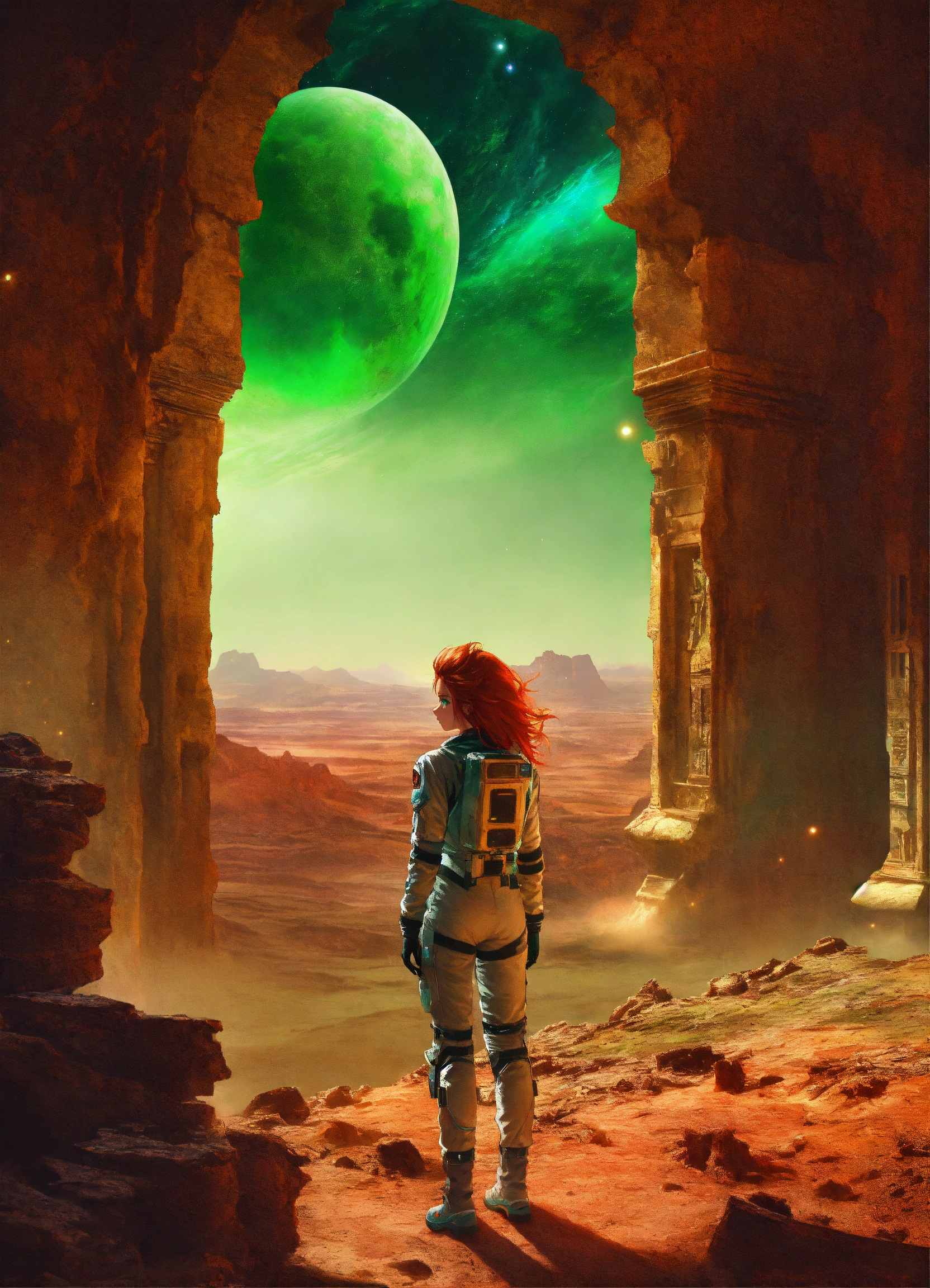 Lexica - Red haired green eyes woman in a space suit looking over a ...