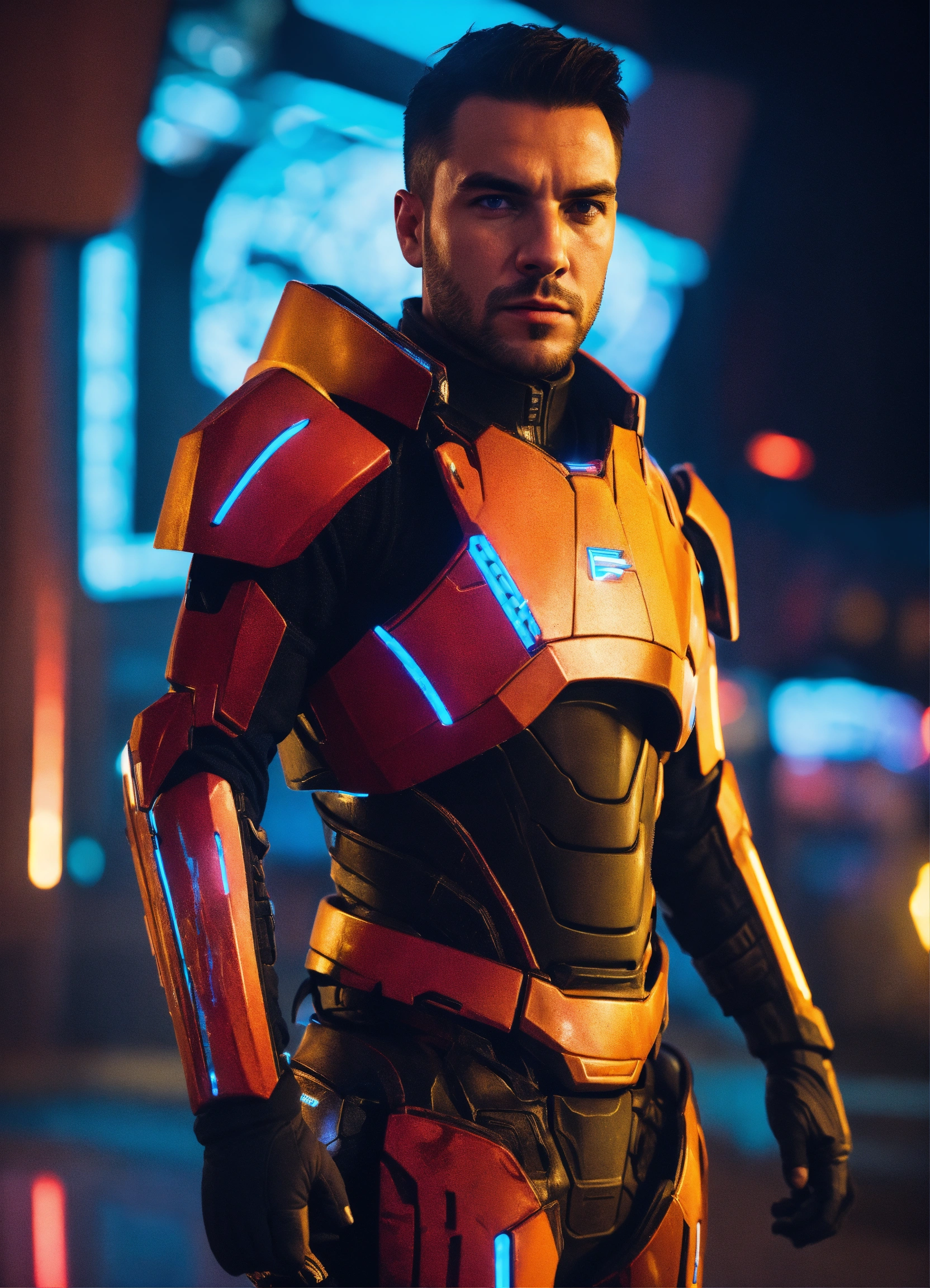 Lexica - Man in the image with neon light combat armour as main ...