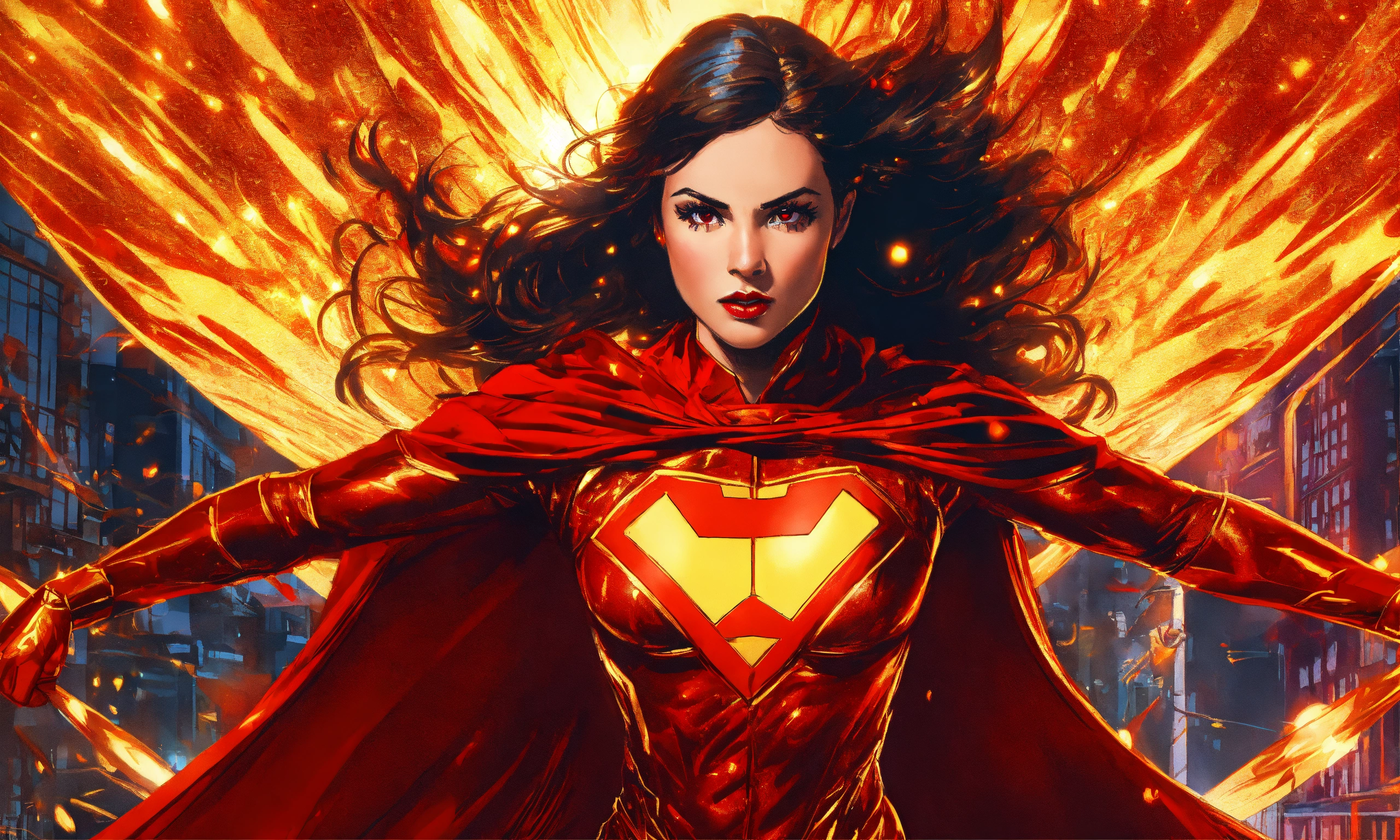 Lexica - Beautiful caped brunette female superhero, action pose, fiery ...