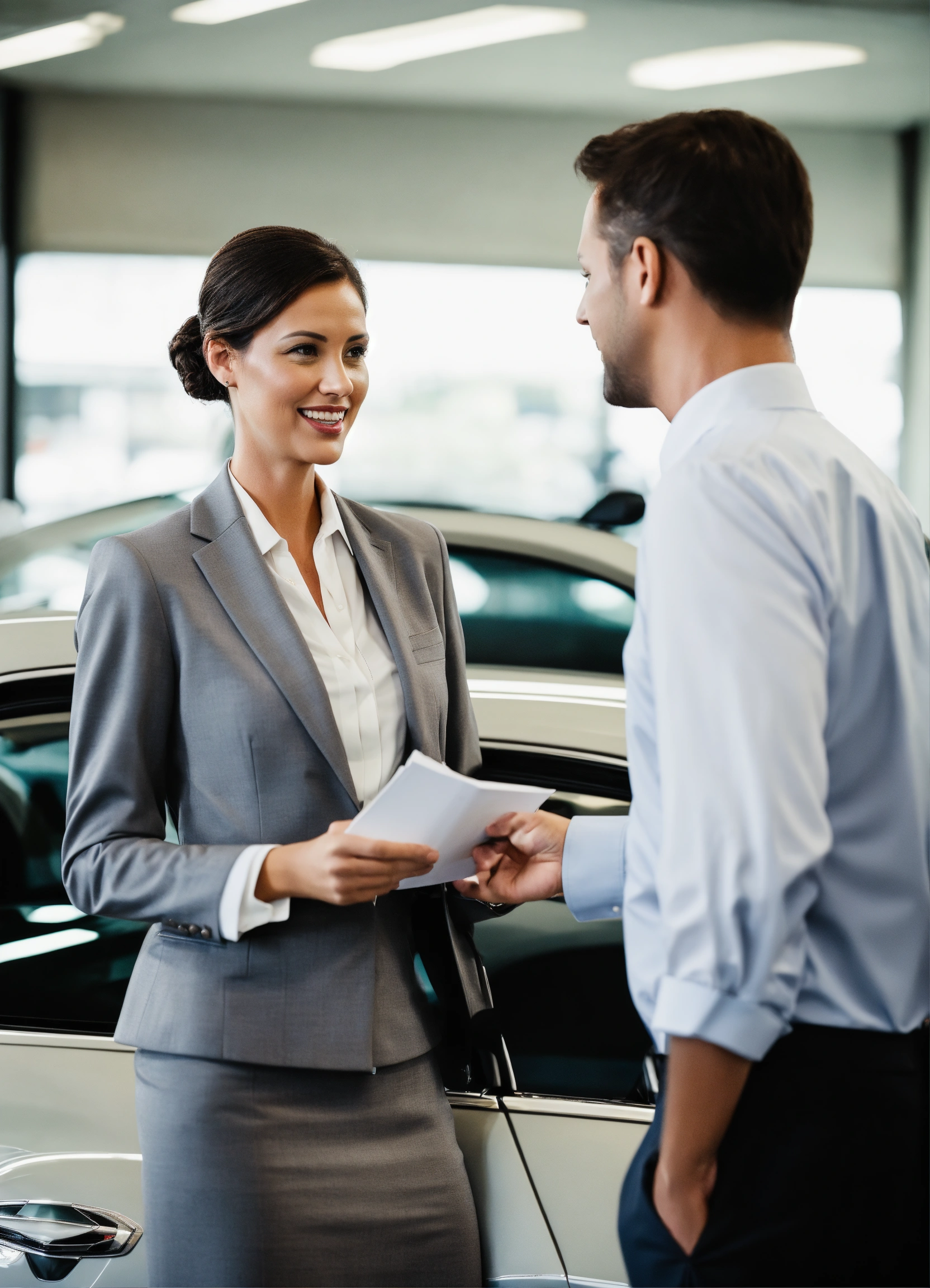Lexica - Photograph of a salesman and a saleswoman talking. The man is ...