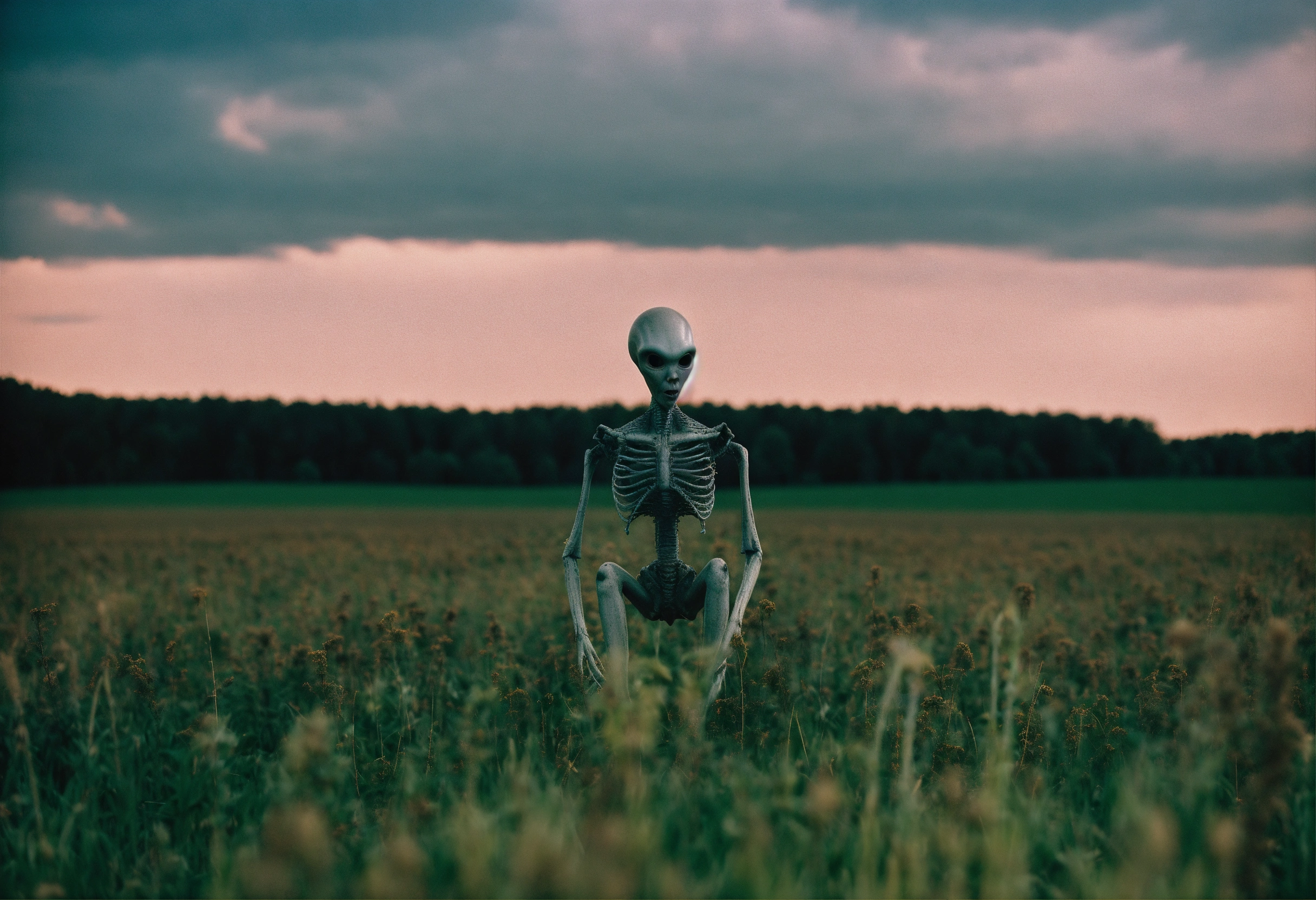 Lexica - Very creepy grey alien floating above the ground in a field ...
