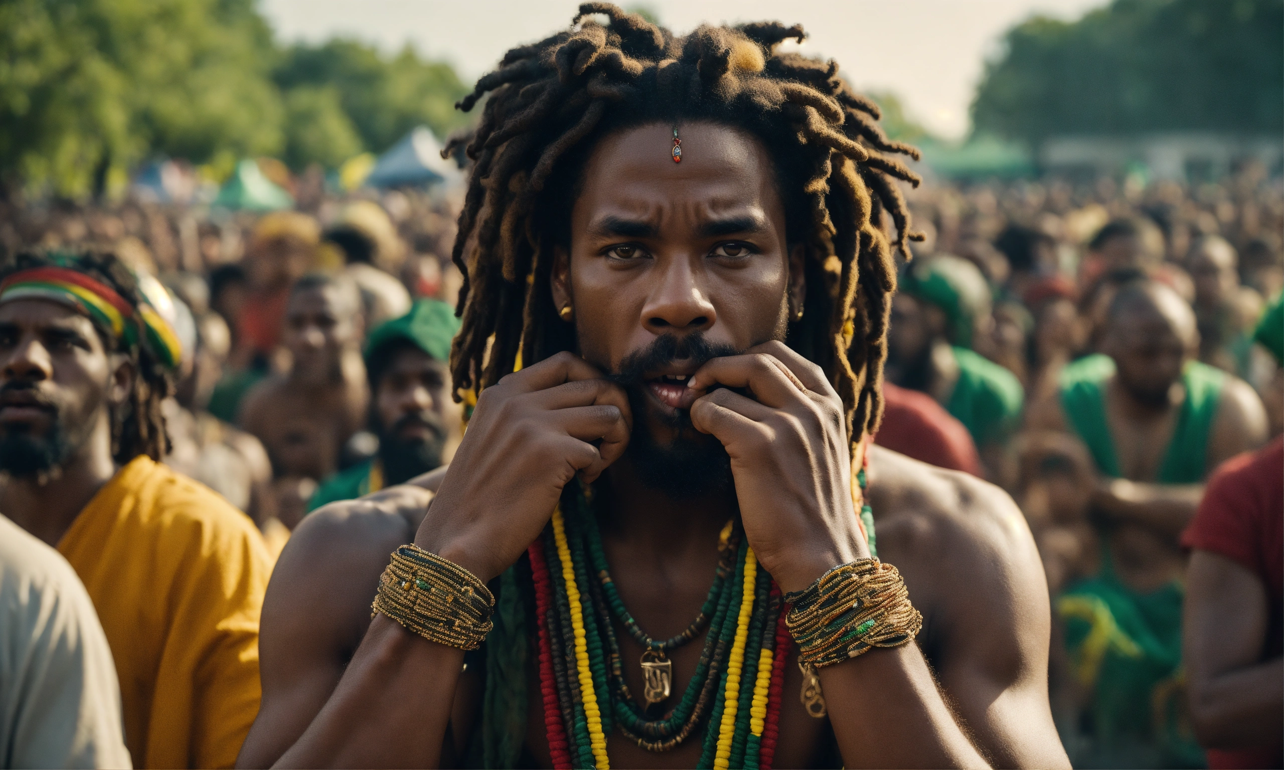 Lexica - Rastafarian with hands-on jaw grip with fear, crowd in the ...