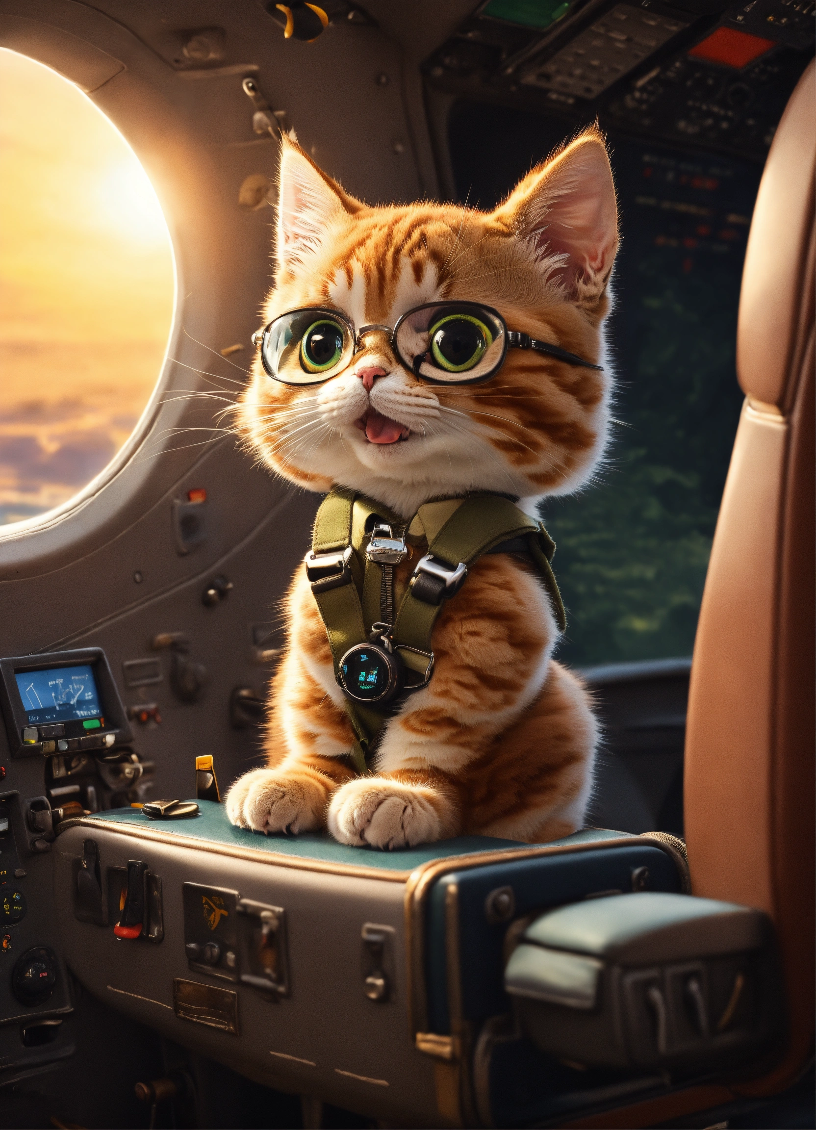 Lexica - A small cute cat taking over the cockpit of a plane . There is ...