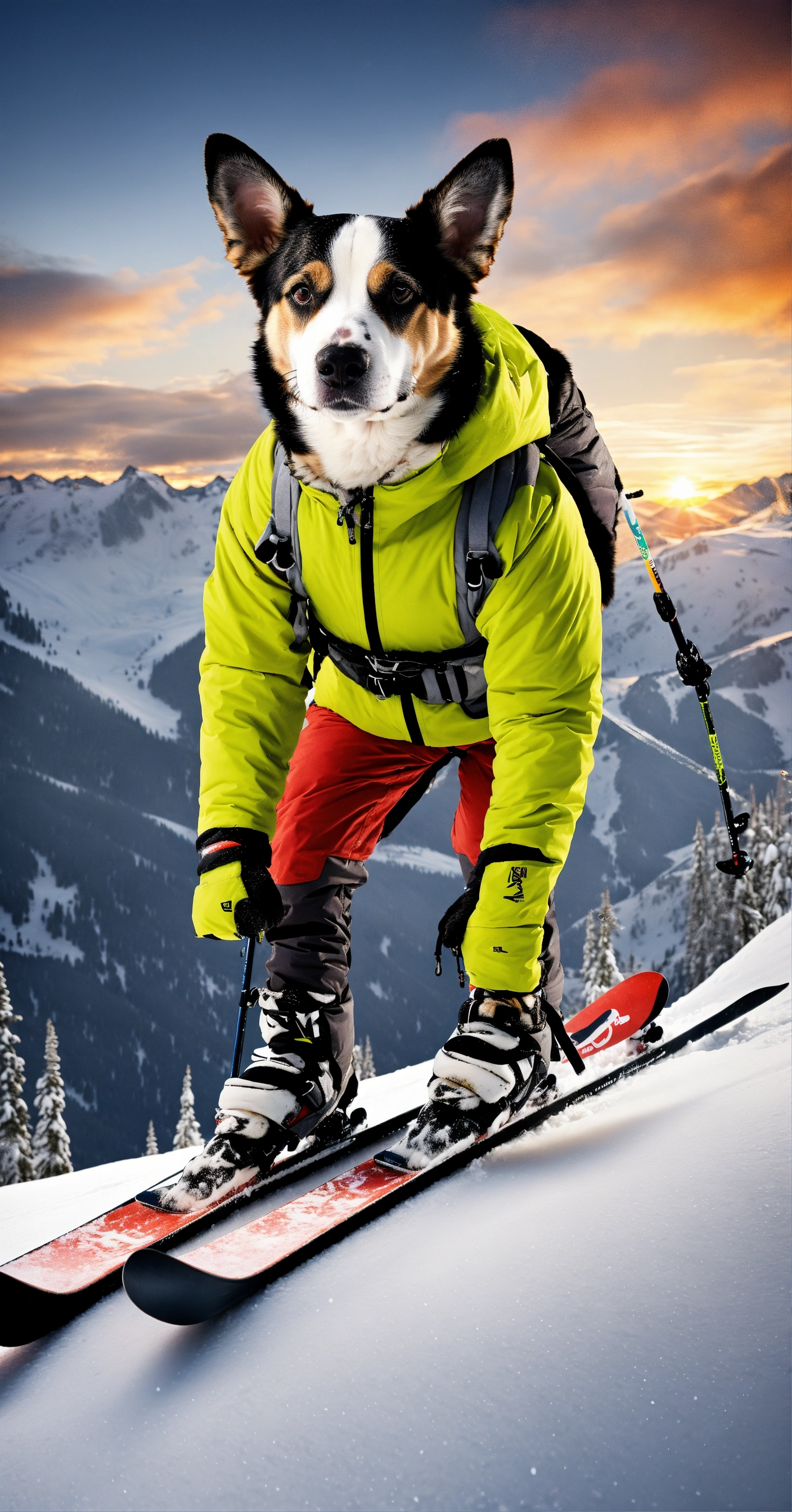 Lexica - Create a picture of a dog as an extreme skier, conquering ...