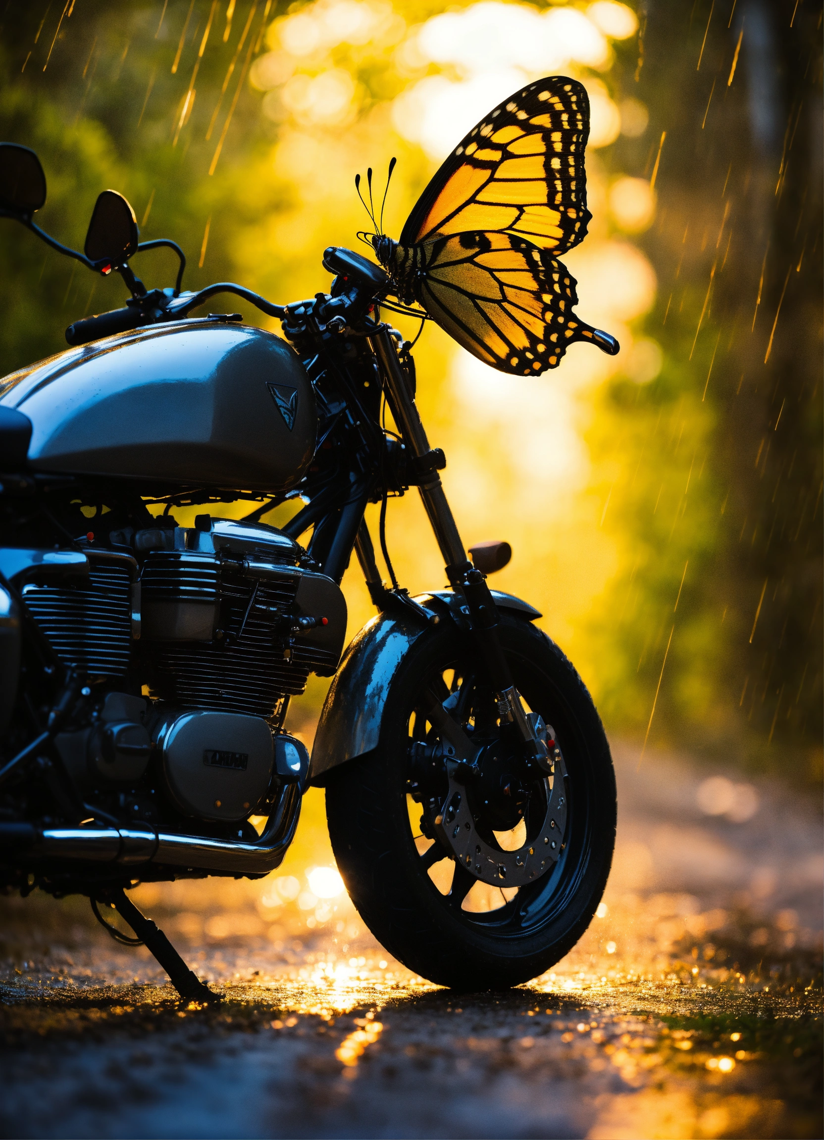 Lexica - Butterfly on motorcycle, backlight golden and heavy rain, near ...
