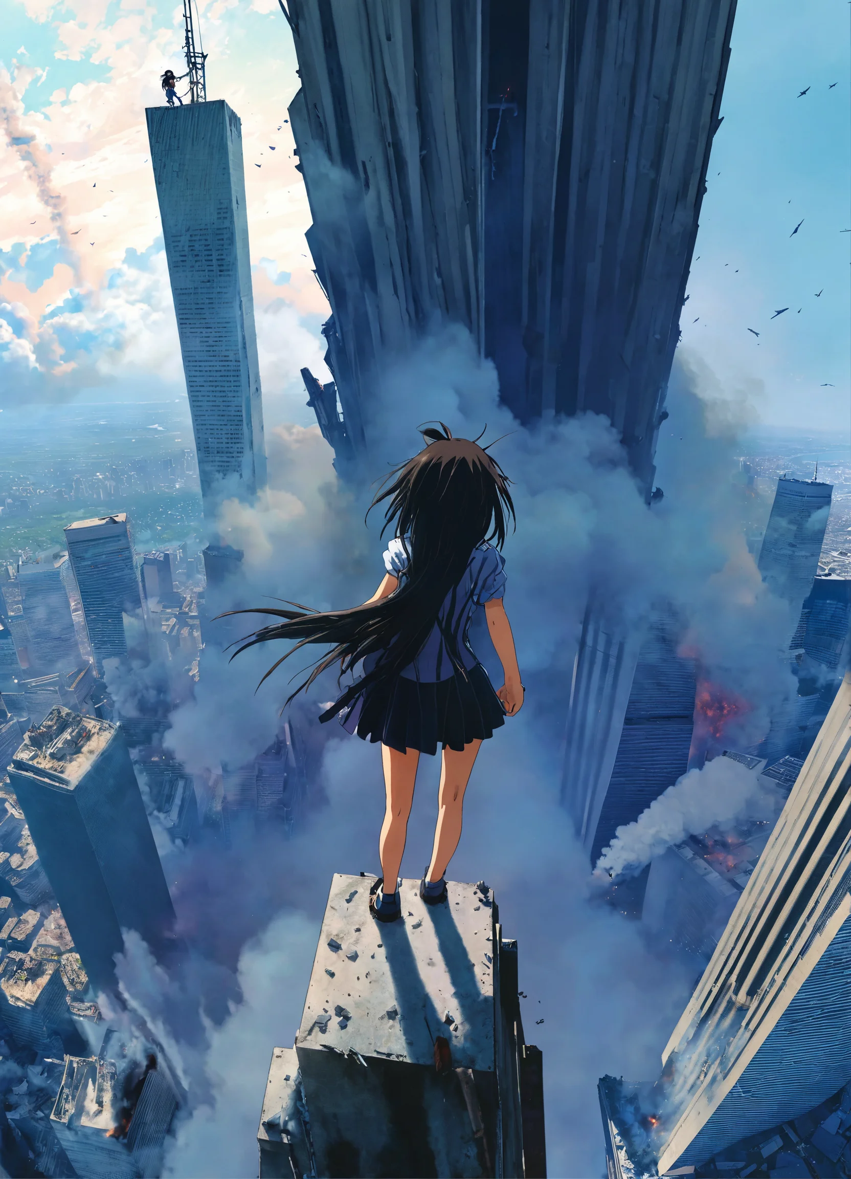 Lexica - An anime girl standing on top of the world trade centre north ...