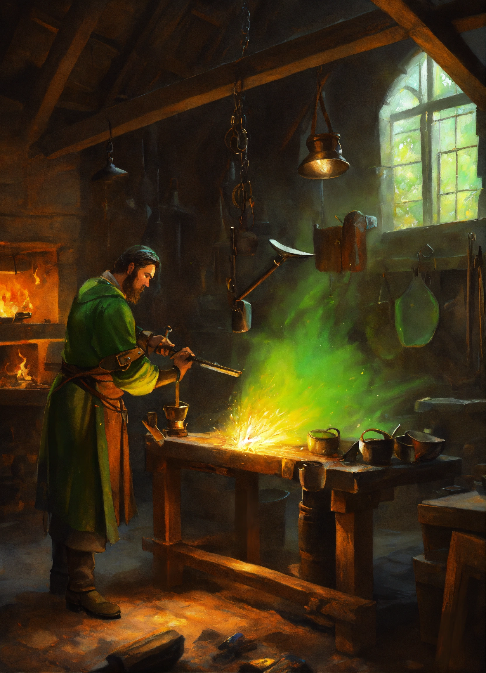 Lexica - Fantasy painting of Medieval Blacksmith, forging a green ...