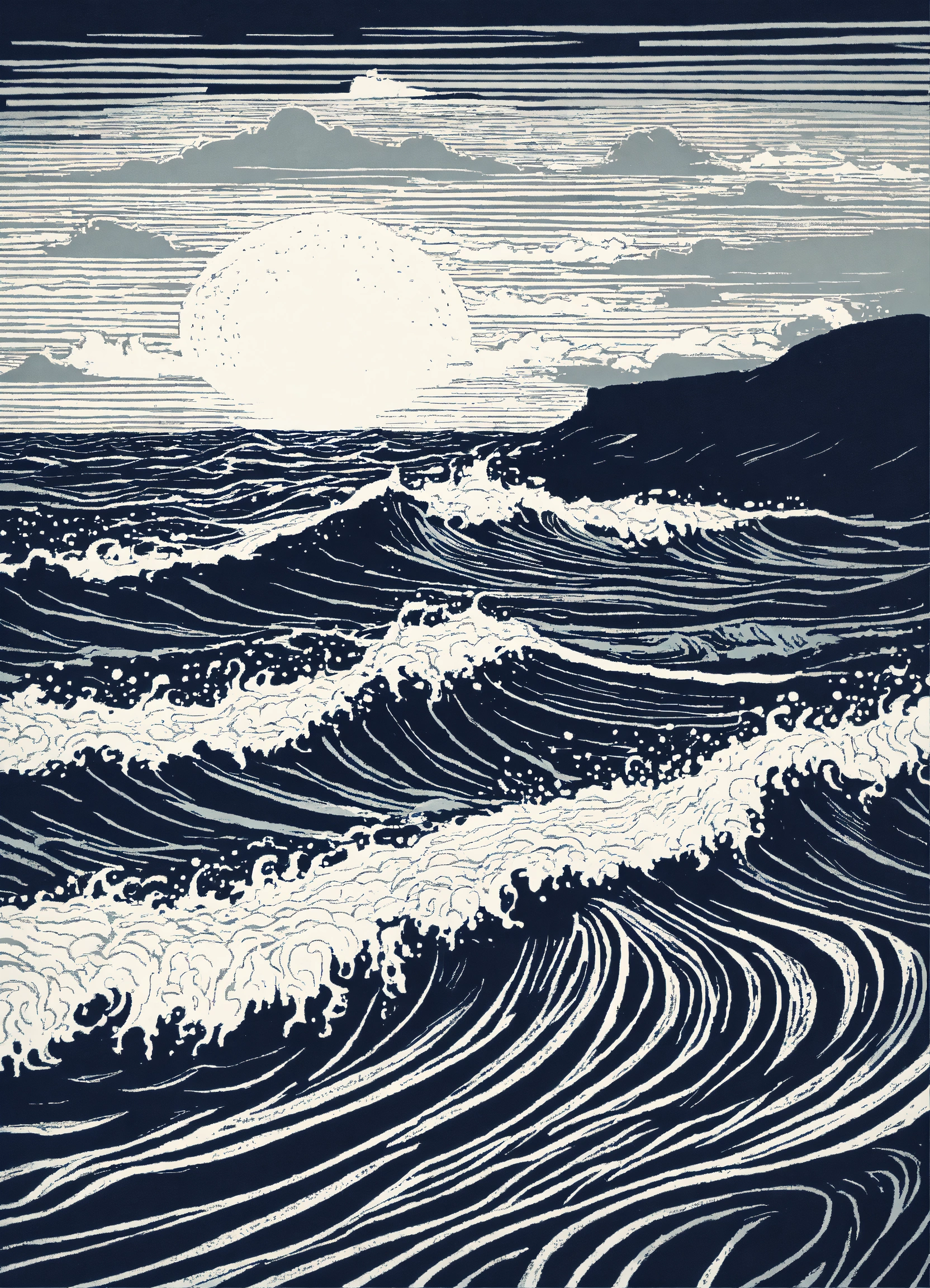 Lexica - Linocut, rough sea waves