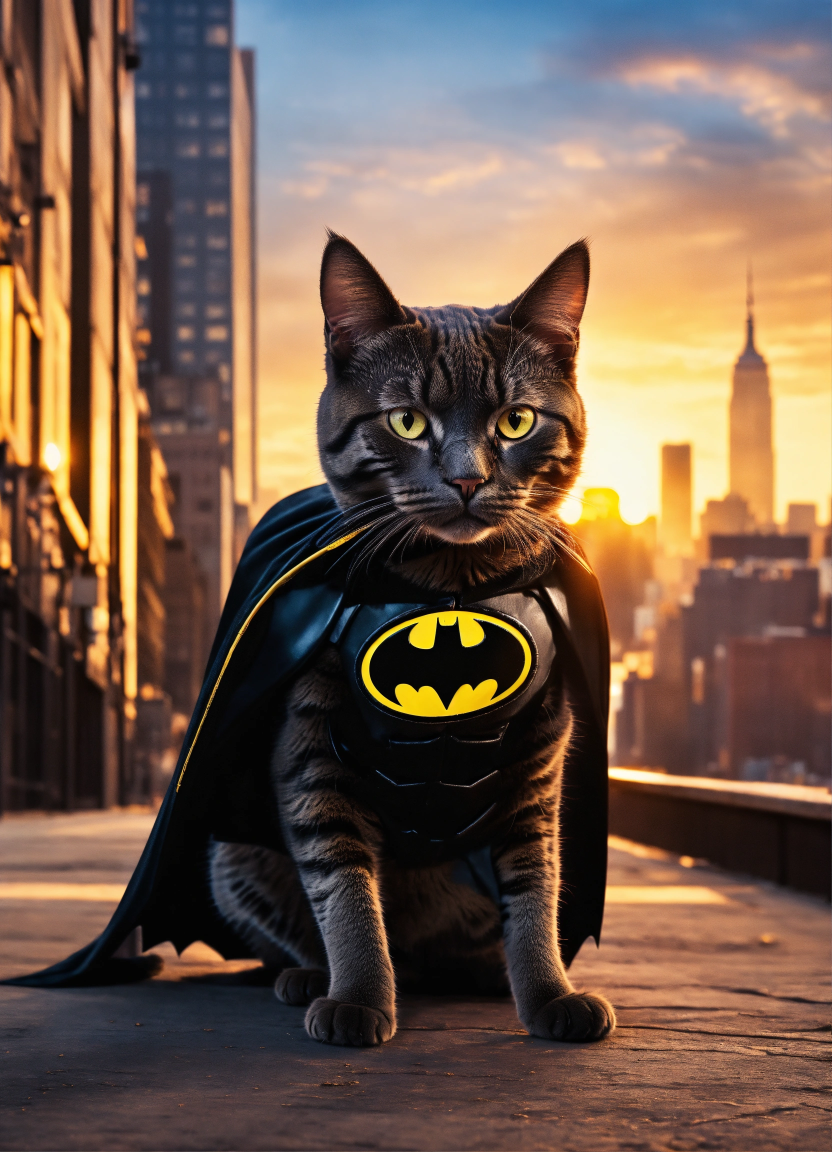 Lexica - A cat wearing a Batman suit at sunset fighting crime in New ...