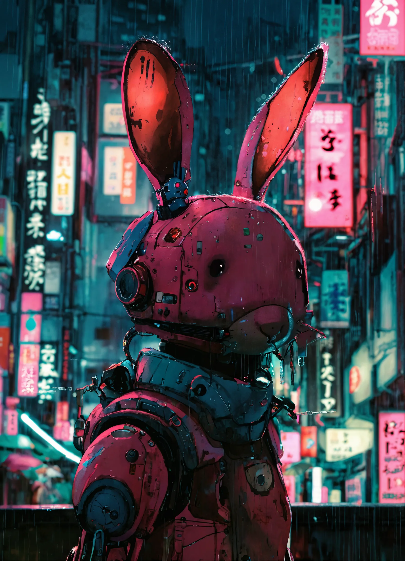 Lexica - Cyberpunk anime ghibli robo rabbit art in rainy city tokyo night
