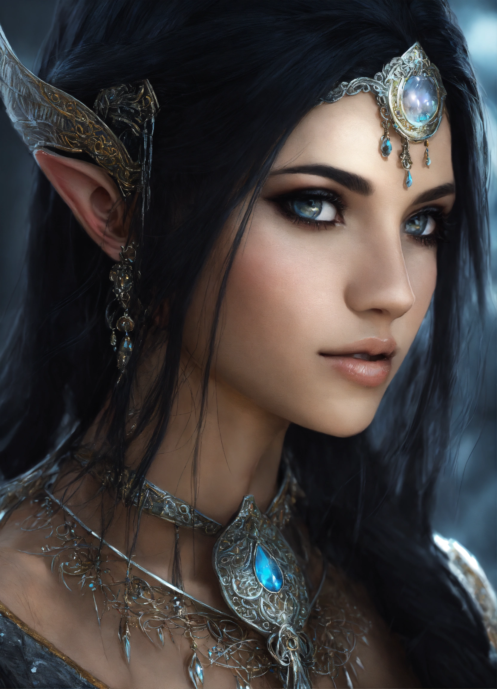 Lexica - Beautiful elven woman with black hair and striking silver eyes