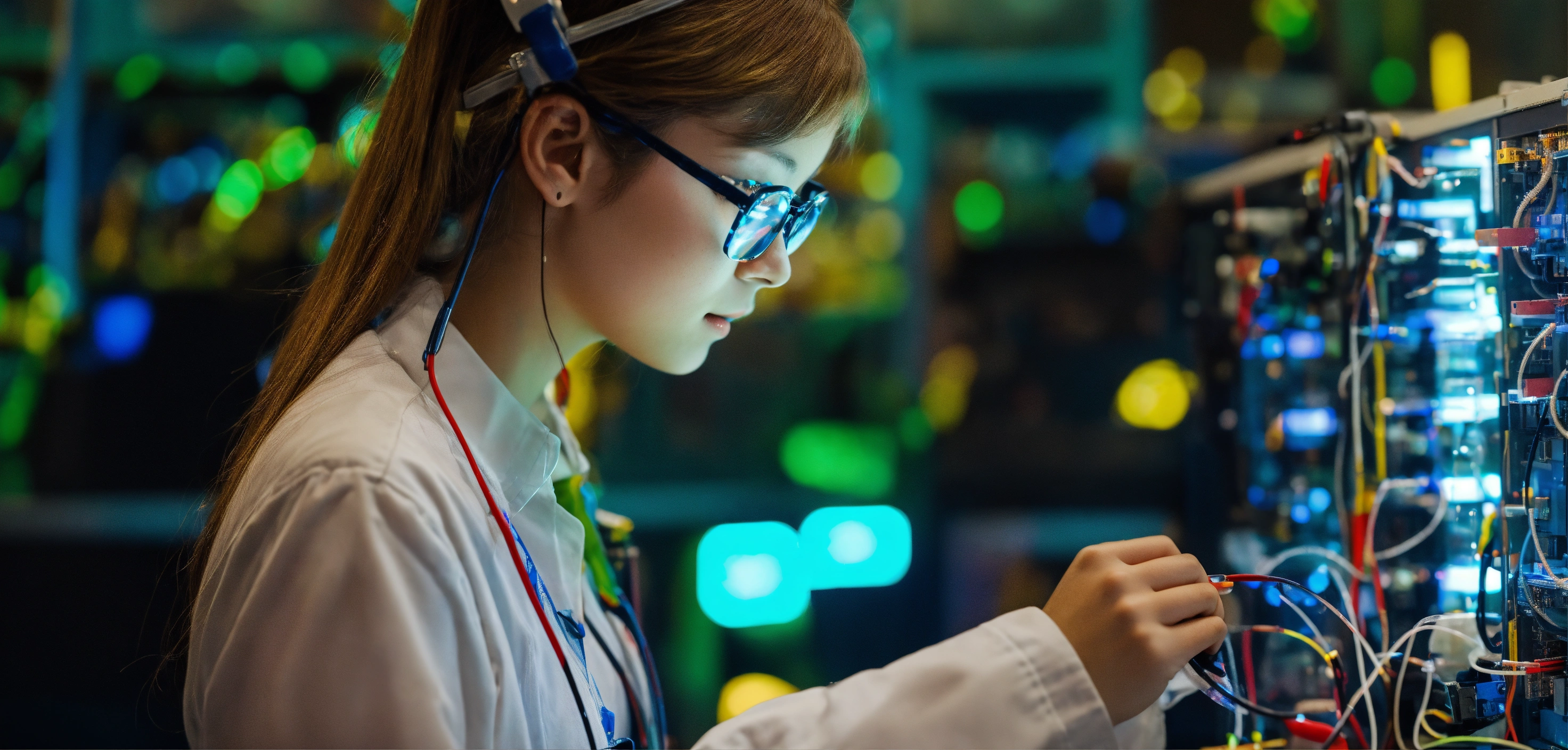 Lexica - Electronic engineer girl holding clear glasses in her hand, side shot