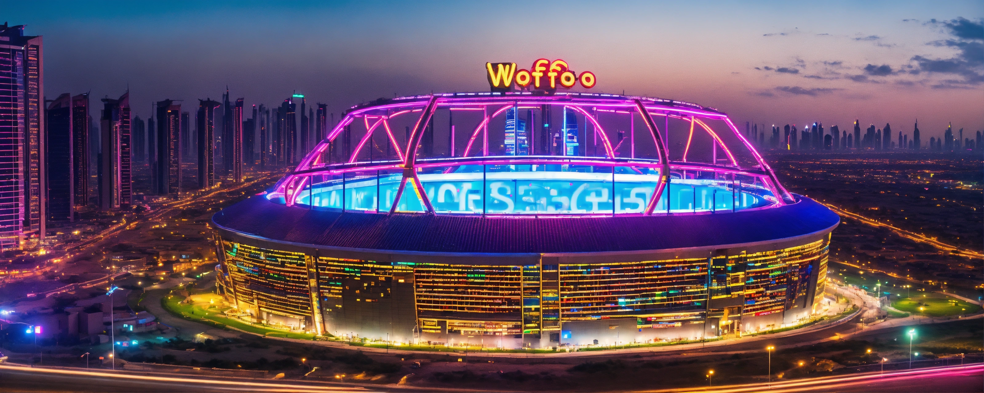 Lexica - Ball shaped stadium name WOFO with ball logo WOFO neon lights ...