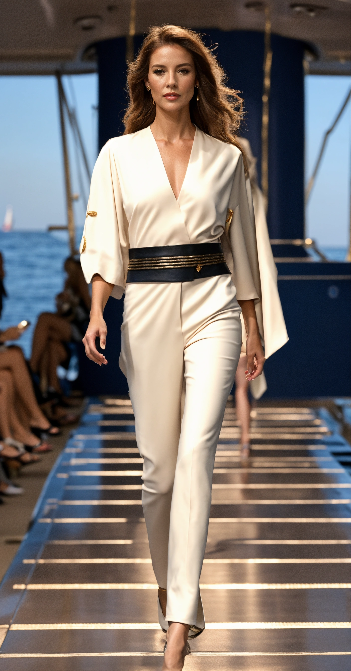 Lexica - 3d realistic photo of female captain walking runway during ...