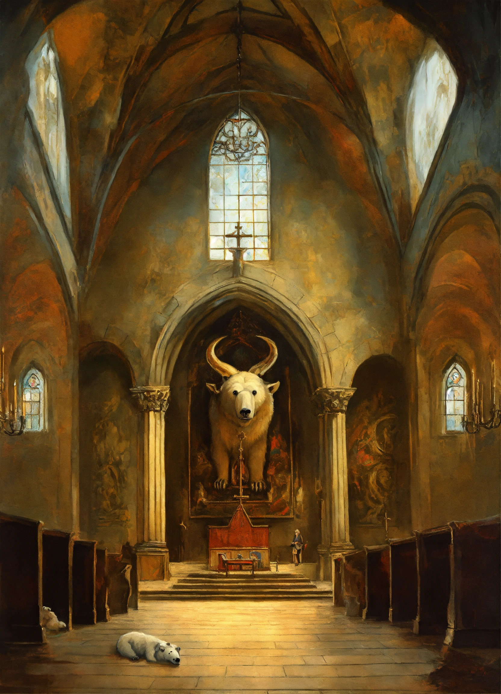 Lexica - Demonic polar bear, grotesque with horns, old church interior ...