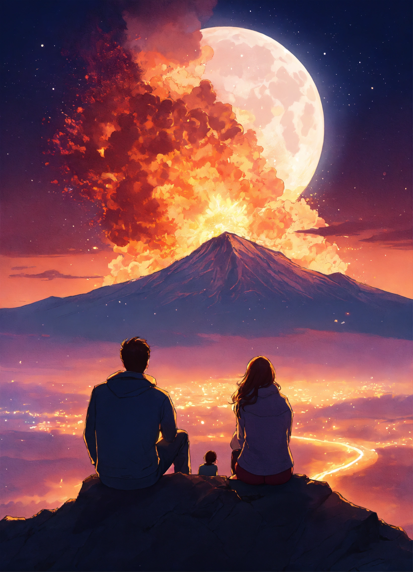 Lexica - A couple sitting on a mountain top watching the moon explode by an explosion in the ...