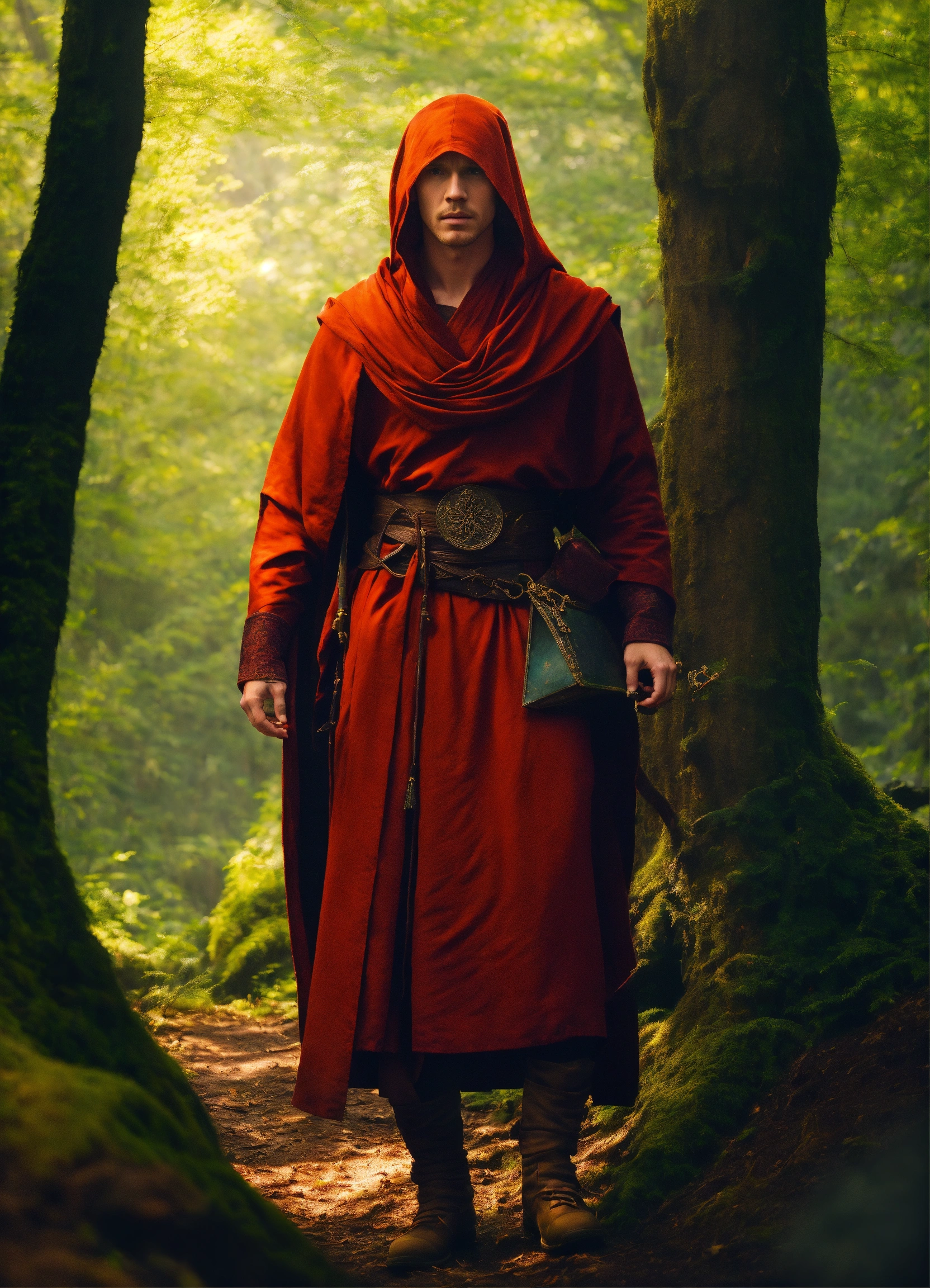 Lexica - Red headed elf monk in robes with Stalf in a forest