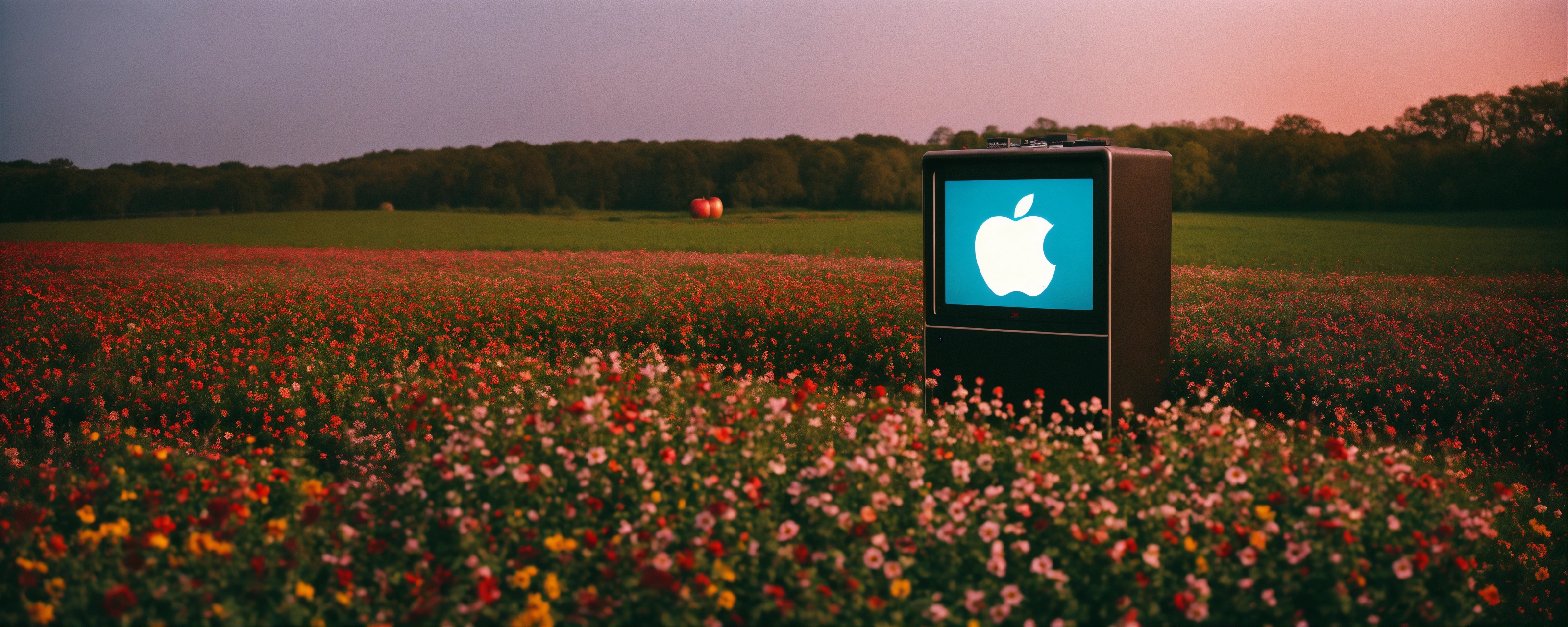 Lexica - A giant retro apple computer monolith in a field of flowers ...