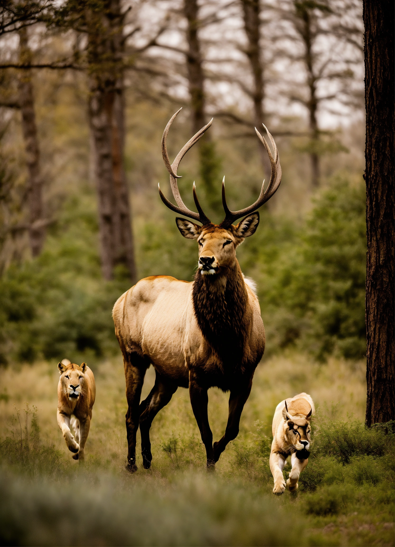 Lexica - A tall elk running from a white lioness pouncing onto the elk ...