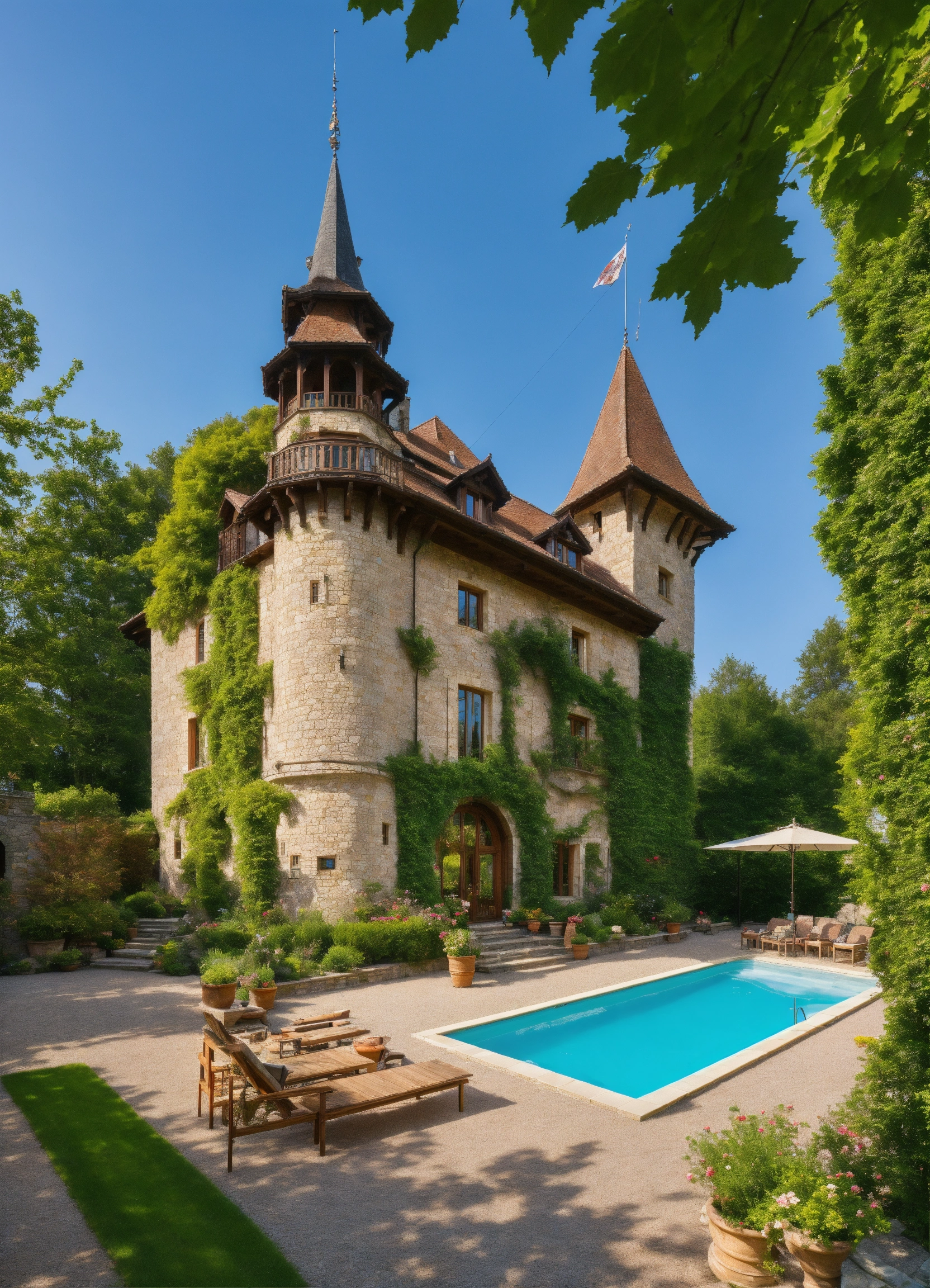 Lexica - Classic huge castle in wood and stone and interior with garden ...