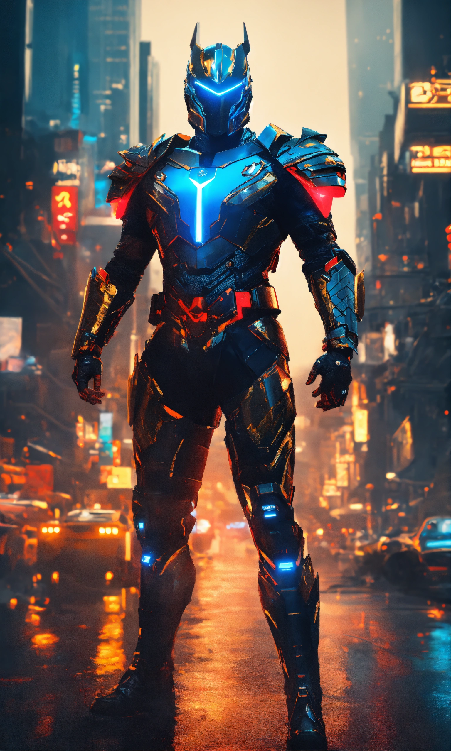 Lexica - Futuristic superhero, wearing suit of black armor, neon blue ...