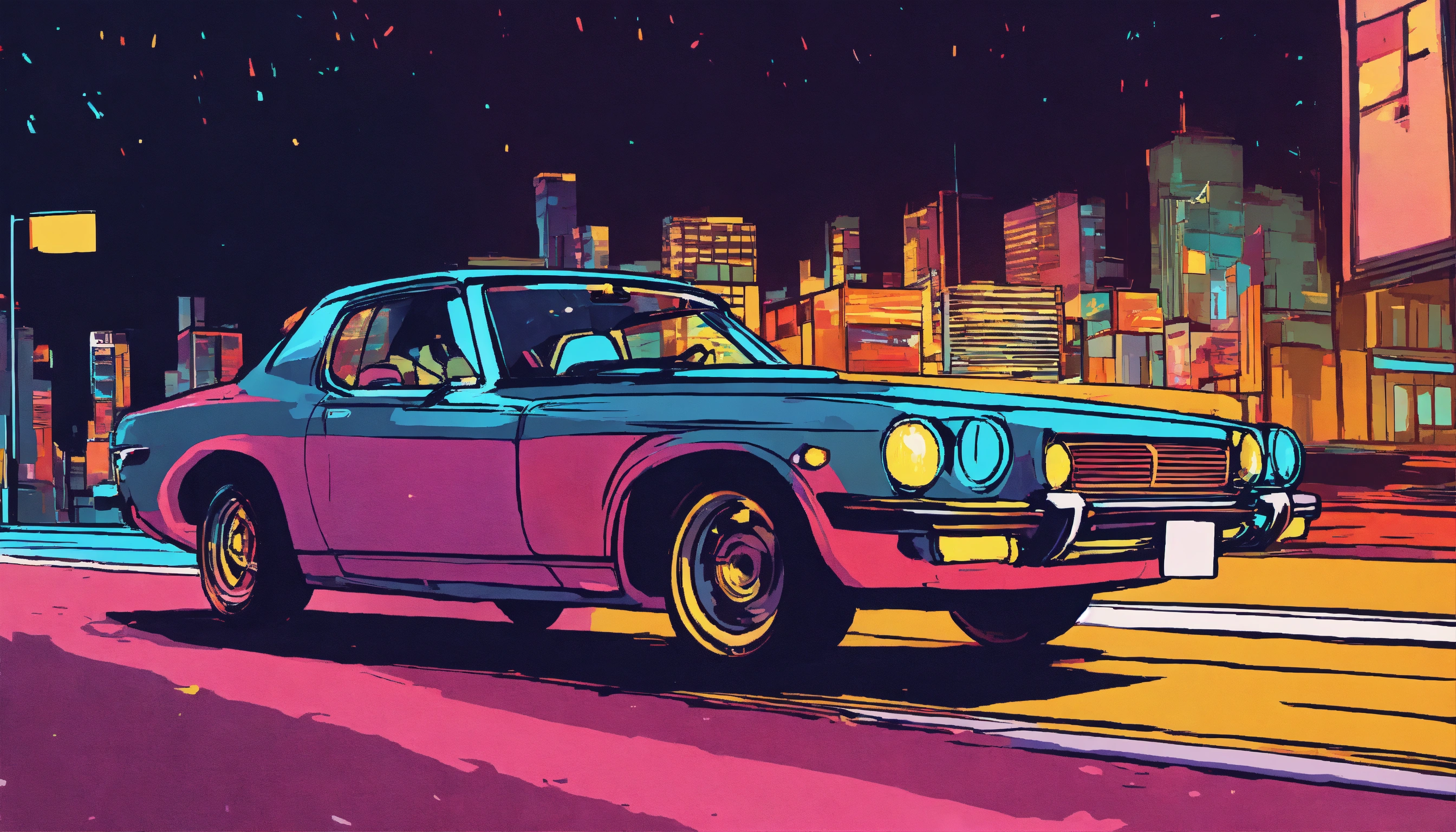 Lexica - Person driving a car at night time, pop art style, car driving ...