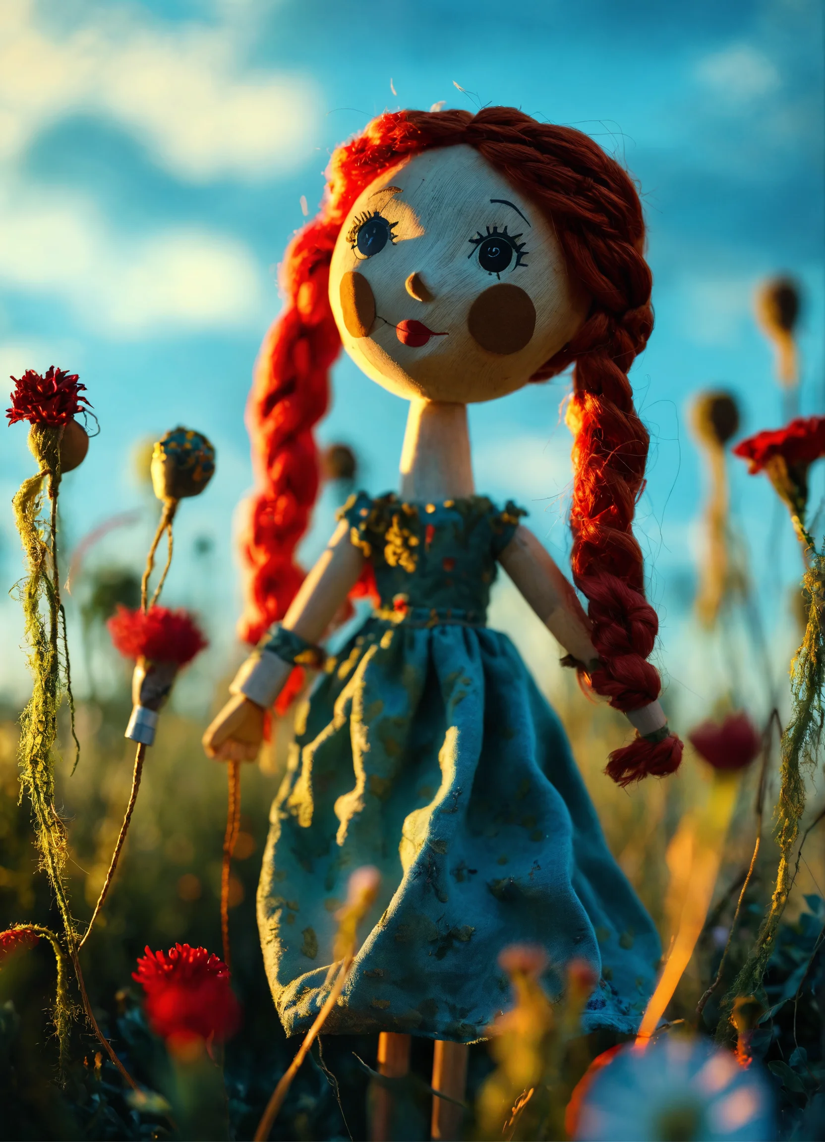 Lexica - One wooden puppets, a red-haired girl with braids, happy ...