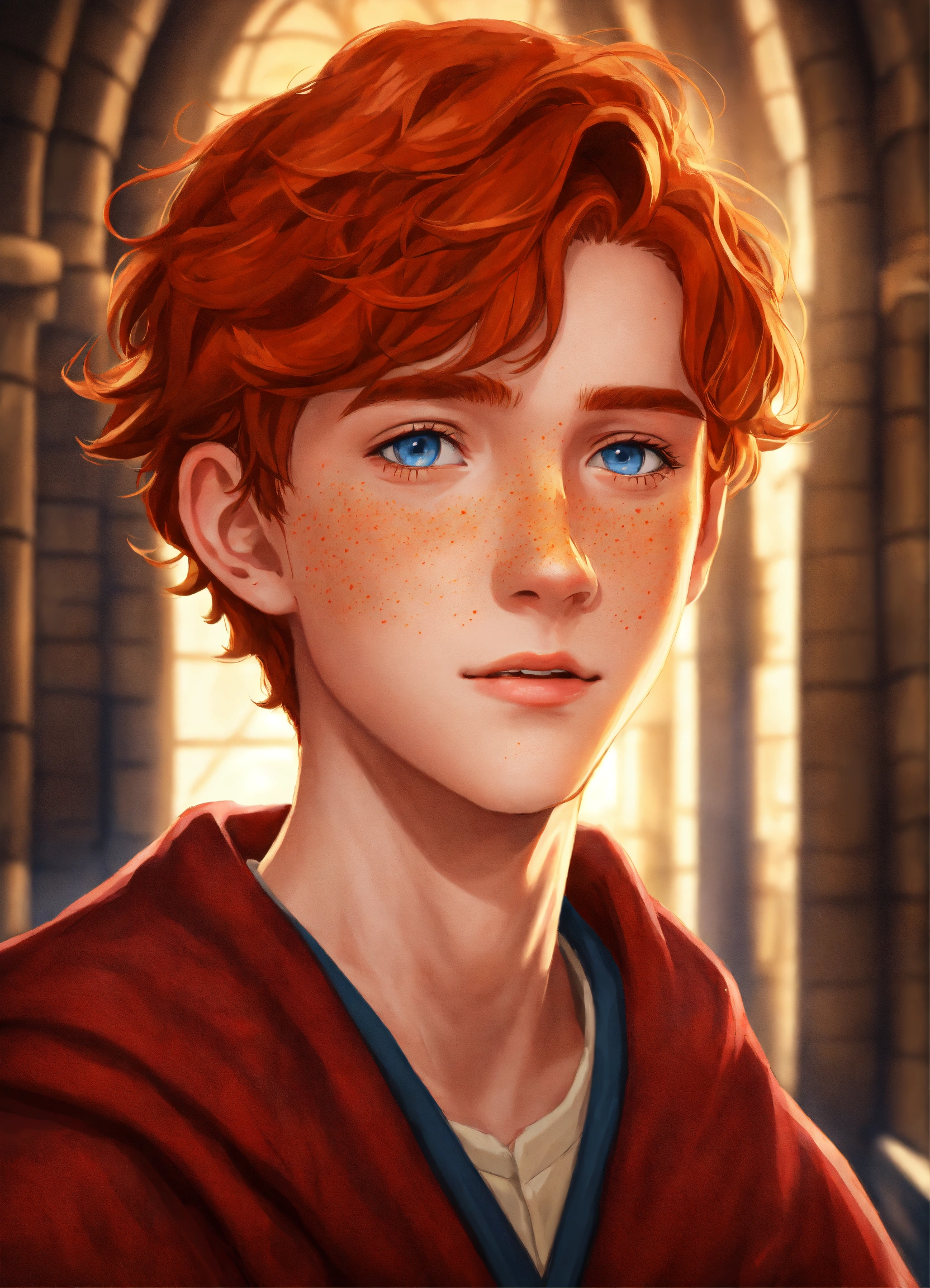 Lexica - 13-year-old male, red hair, freckles, blue eyes, long nose ...