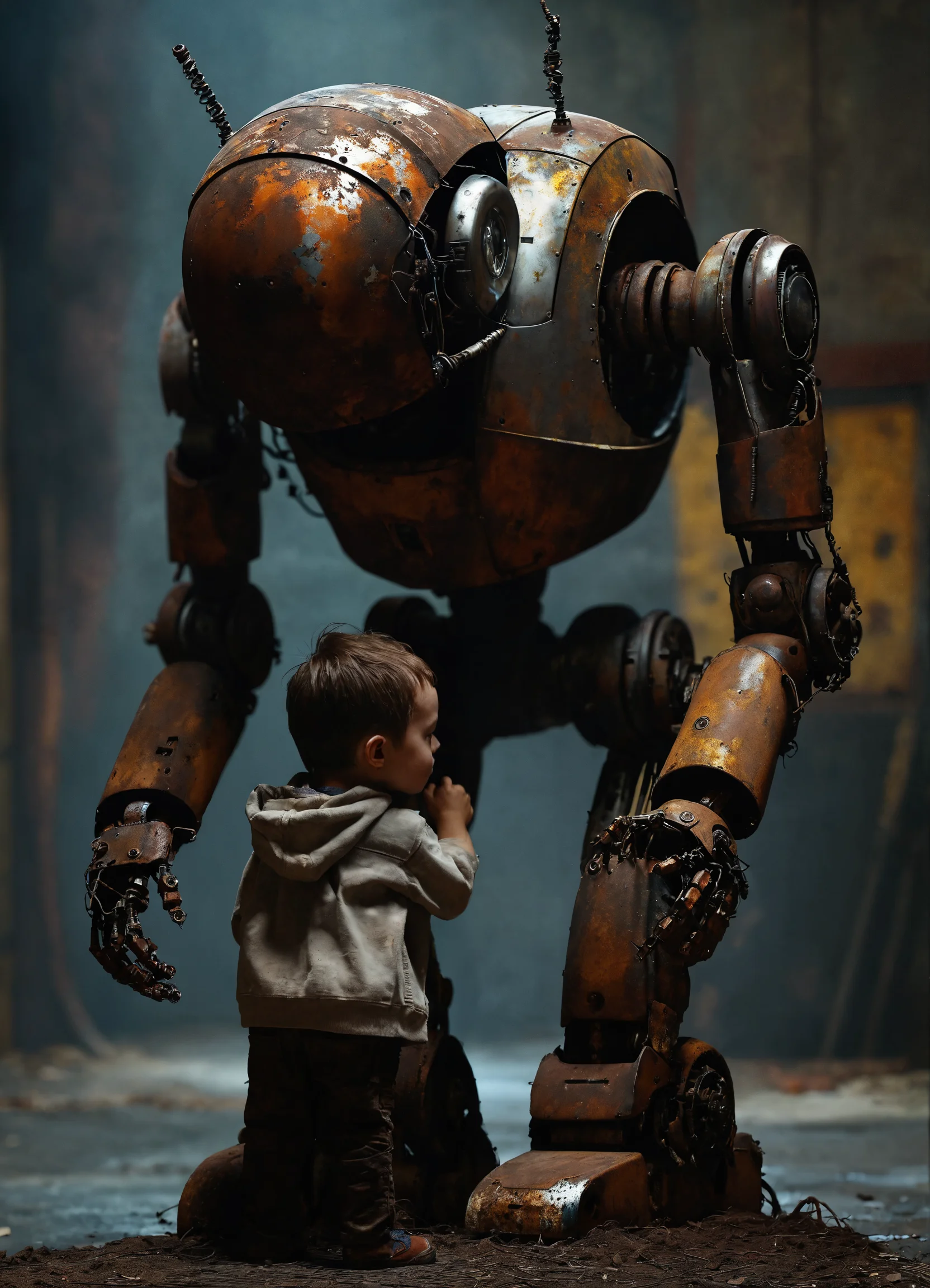 Lexica - Niño de 4 años, con enorme robot viejo y oxidado, abrazándose ...