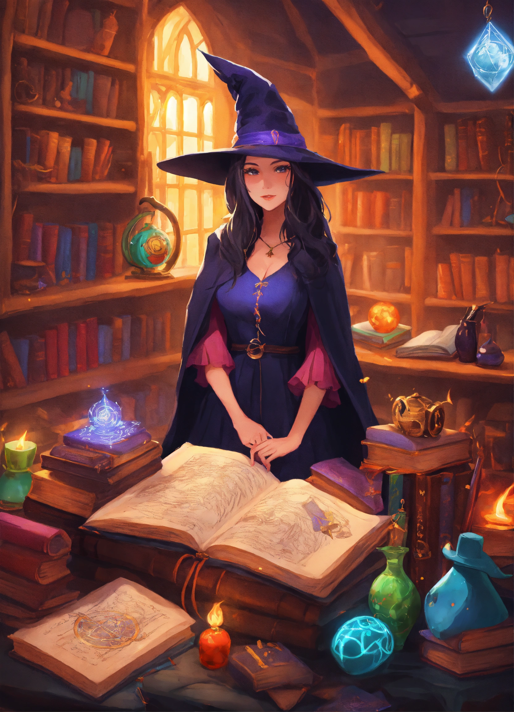 Lexica - Vividly colorful witch school, witch with black hat and cape ...