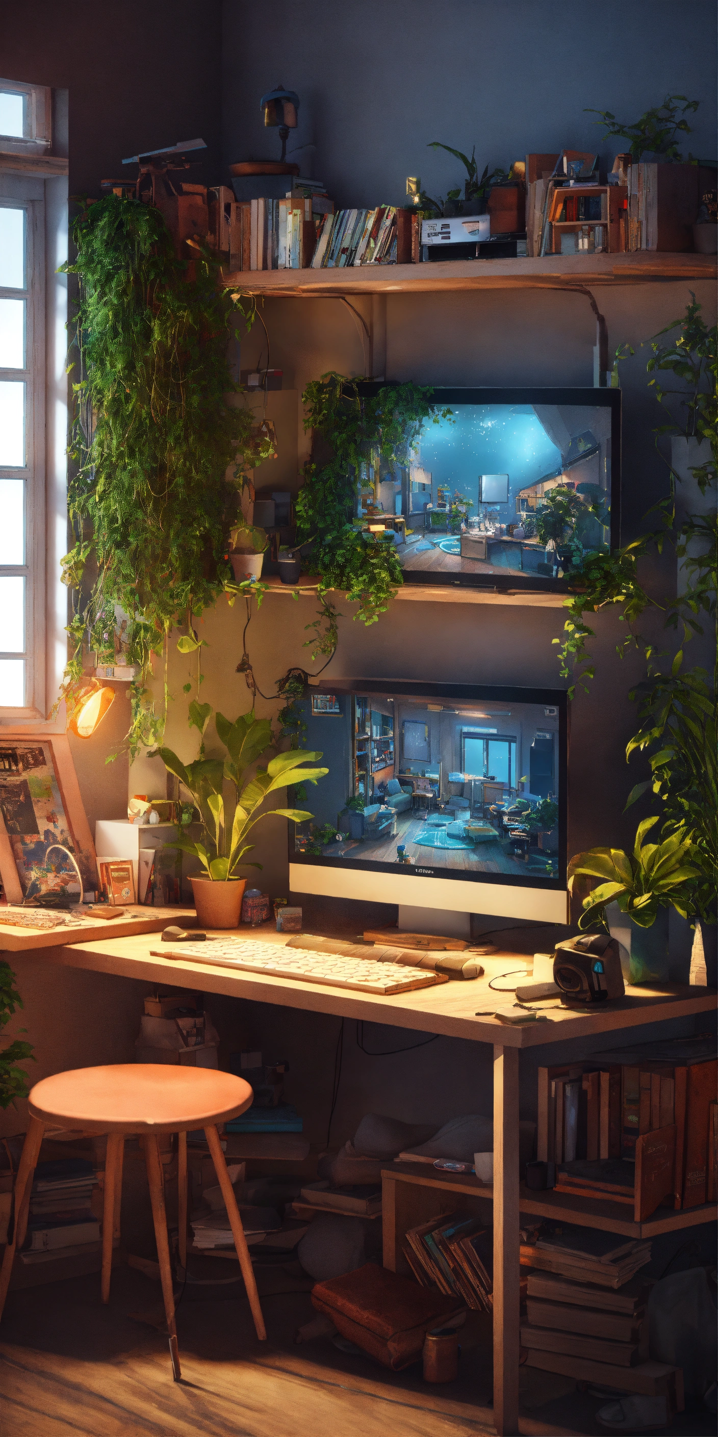 Lexica - Isometric render, messy nostalgic bedroom with a gaming pc ...