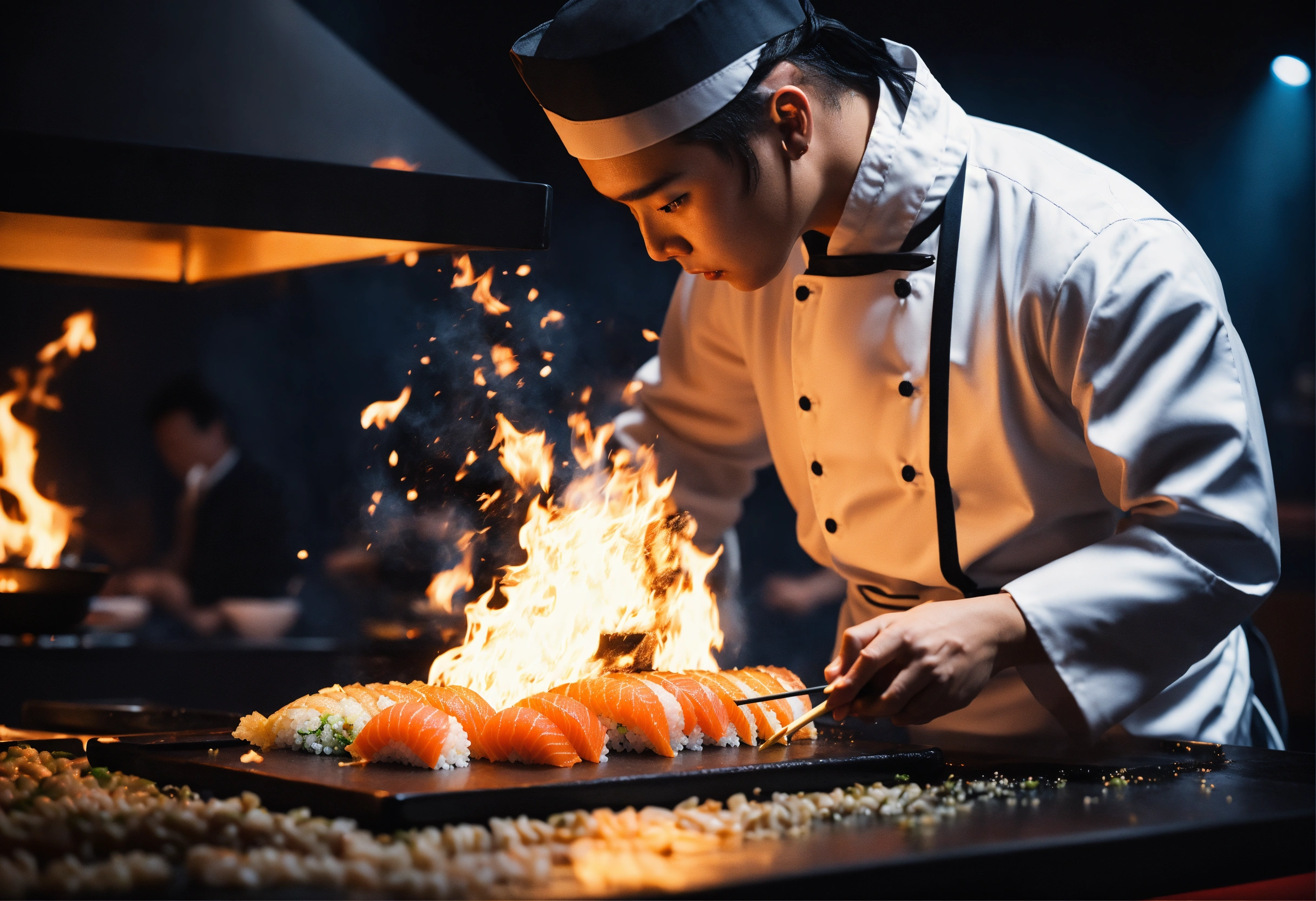 Lexica - Sushi chef with white clothes, cooking in teppanyaki table ...