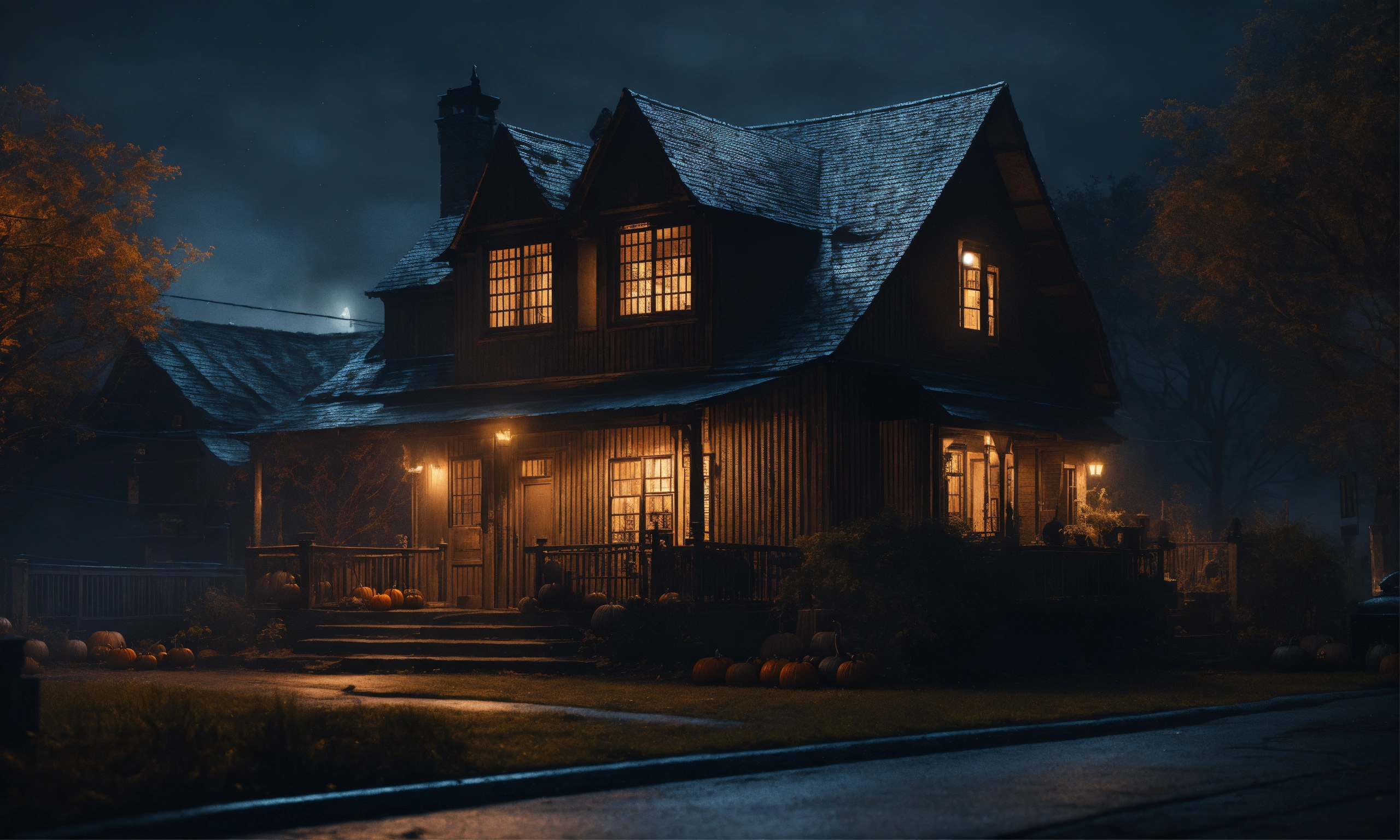 Lexica - Spooky dark modern home incorner of street at night; in ...