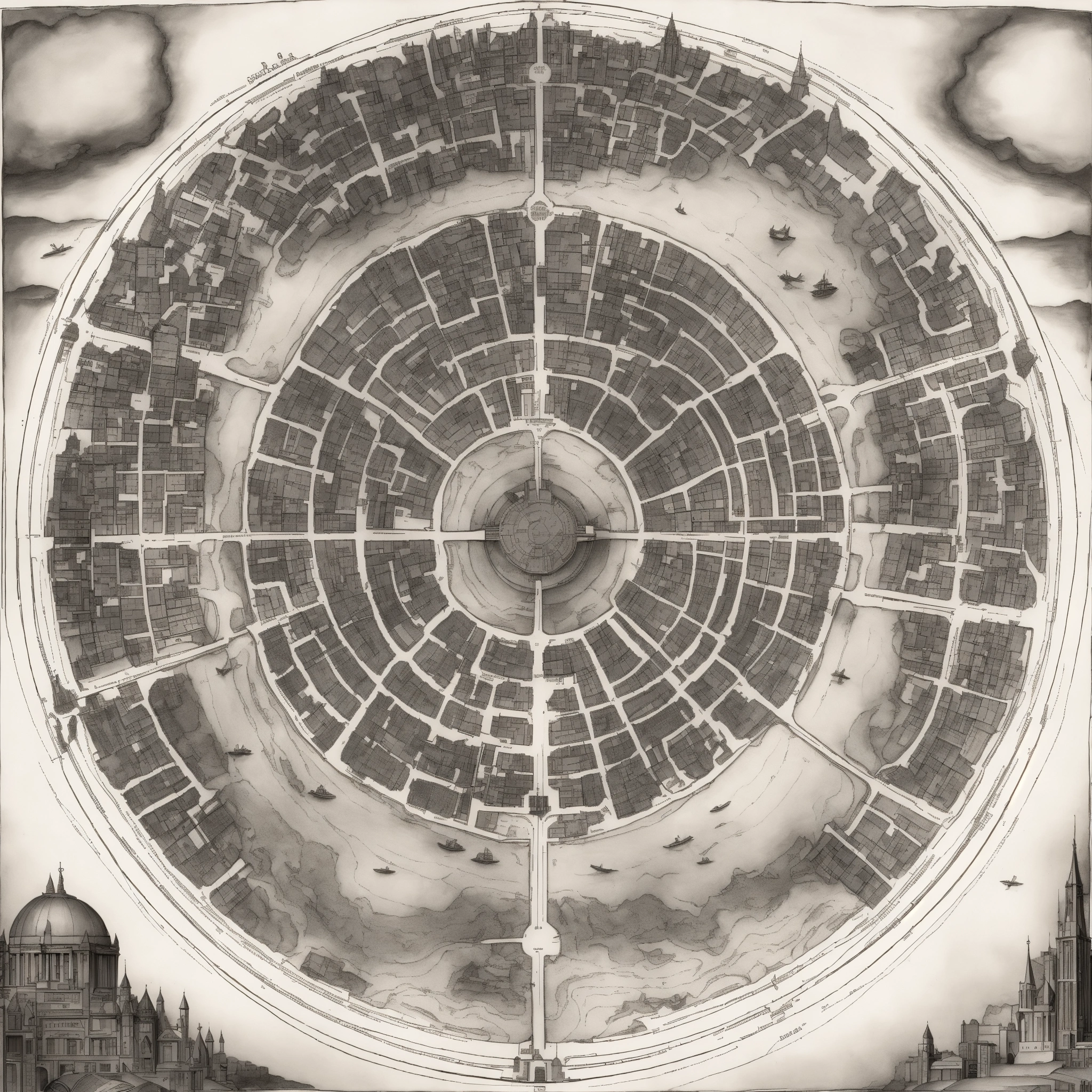 Lexica - Inked map of a massive fantasy city with a big dome in the middle.