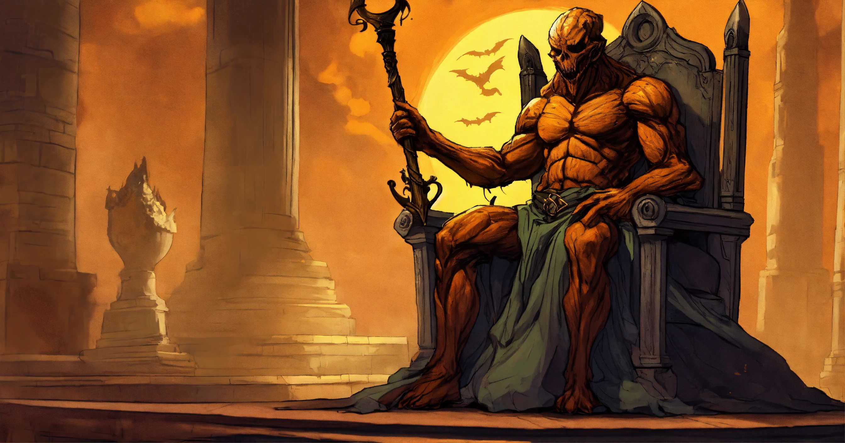 Lexica - Fantasy setting, pumpkinhead monster, sitting on a throne ...