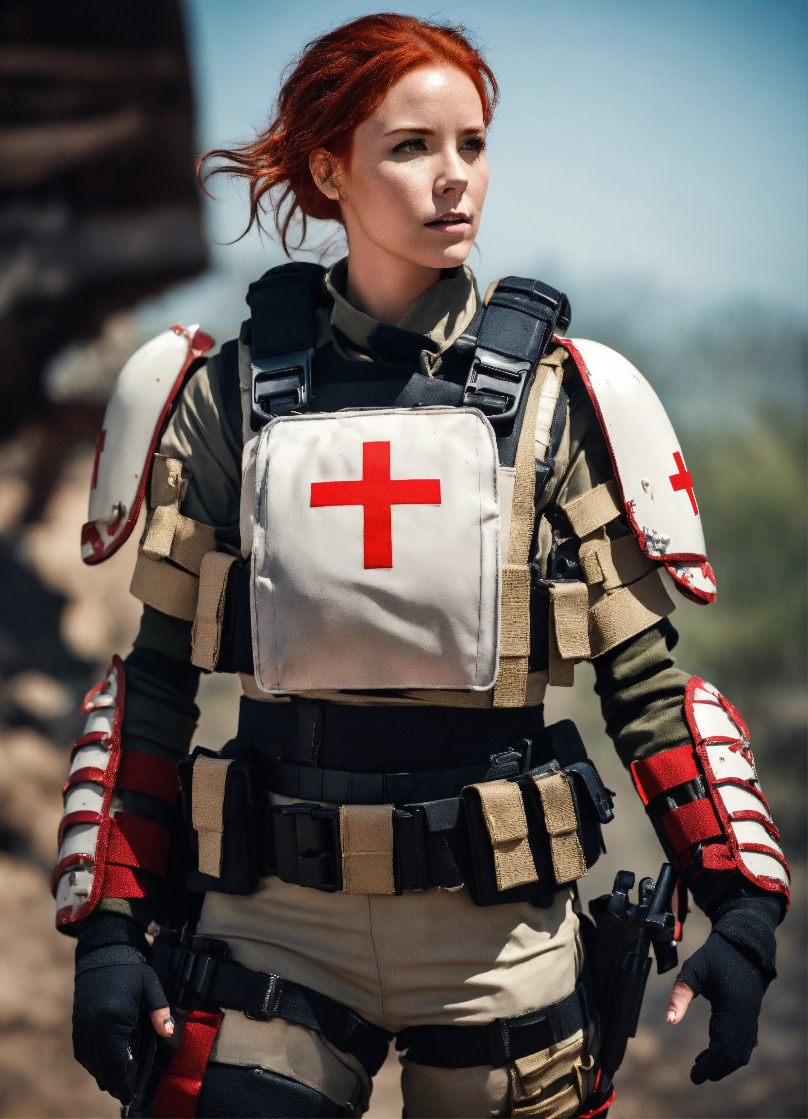 Lexica - Female red hair athletic combat medic wearing white metal ...