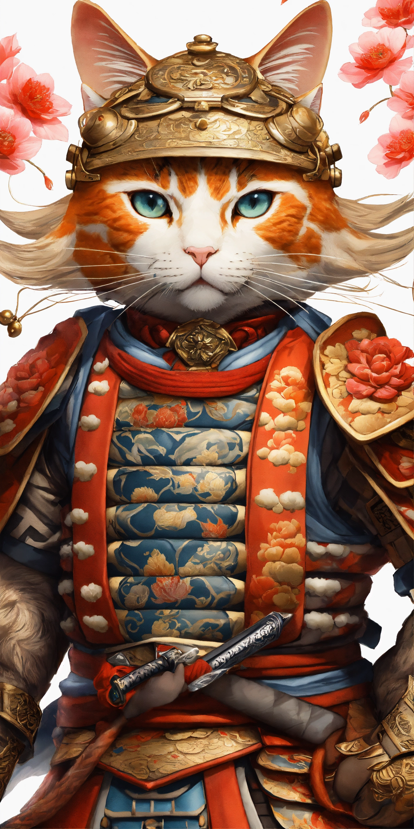 Lexica - There is a cat with a big carp koi and a sword on a white ...