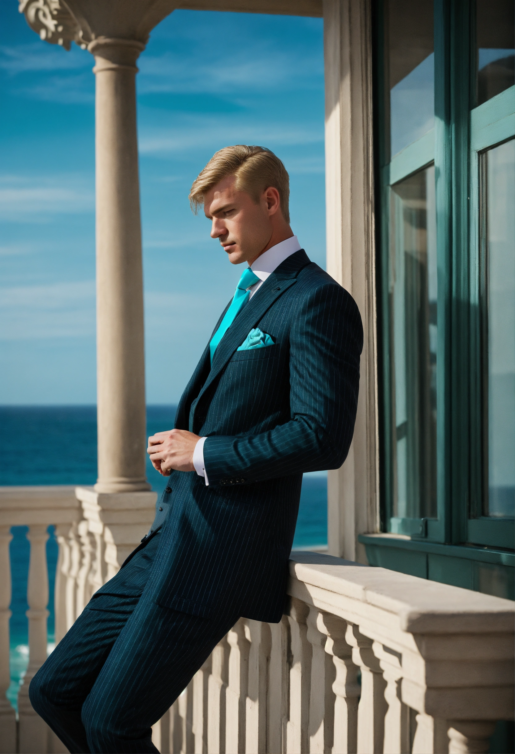 Lexica - A blonde male Russian banker, dark grey pinstripe vested suit ...